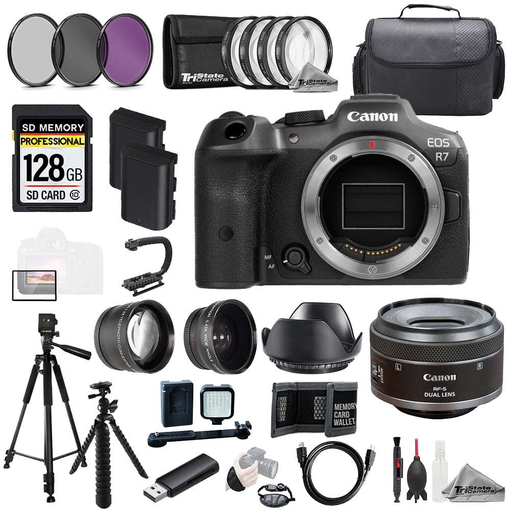 Canon EOS R7 Camera + RF-S 7.8mm f/4 STM Dual Lens+128GB+Ext Bat+9 PC ...