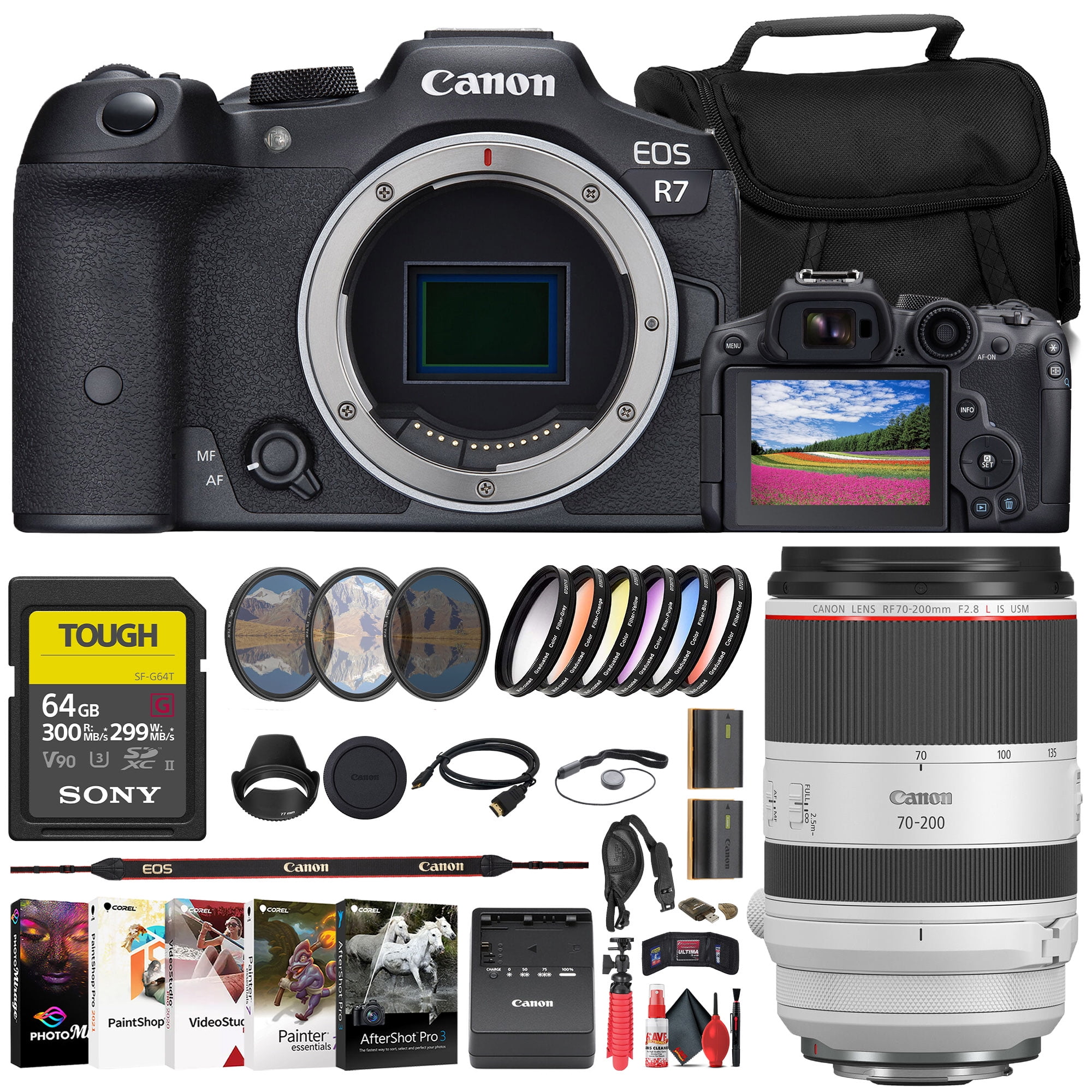 Canon EOS R7 Camera & RF 70-200mm Lens, Sony 64GB Card, Filters, Bag ...