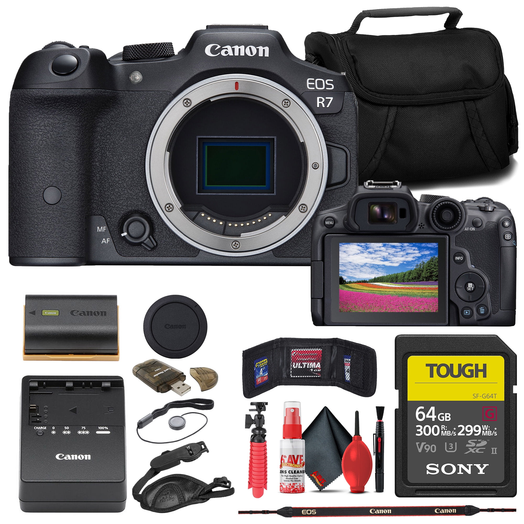 Canon EOS R7 Camera Bundle with Sony 64GB SD Card, Bag, Tripod, Strap ...