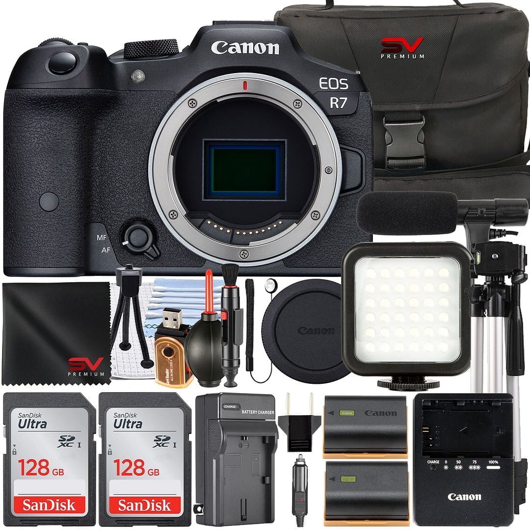 Canon EOS R7 Camera Body with 2 SanDisk 128GB, Case, LED Flash, Premium ...