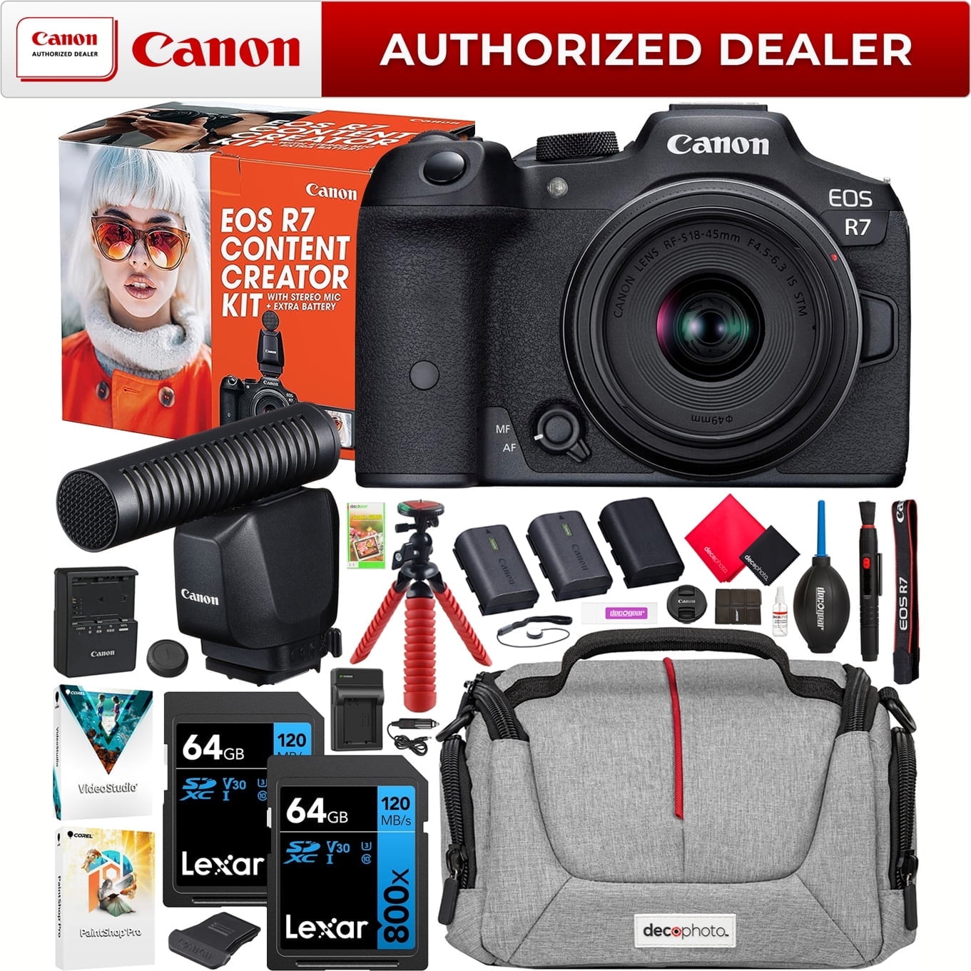 Canon EOS R7 Mirrorless Camera Kit: 18-45mm Lens, Mic, 3 Batteries, 2x ...
