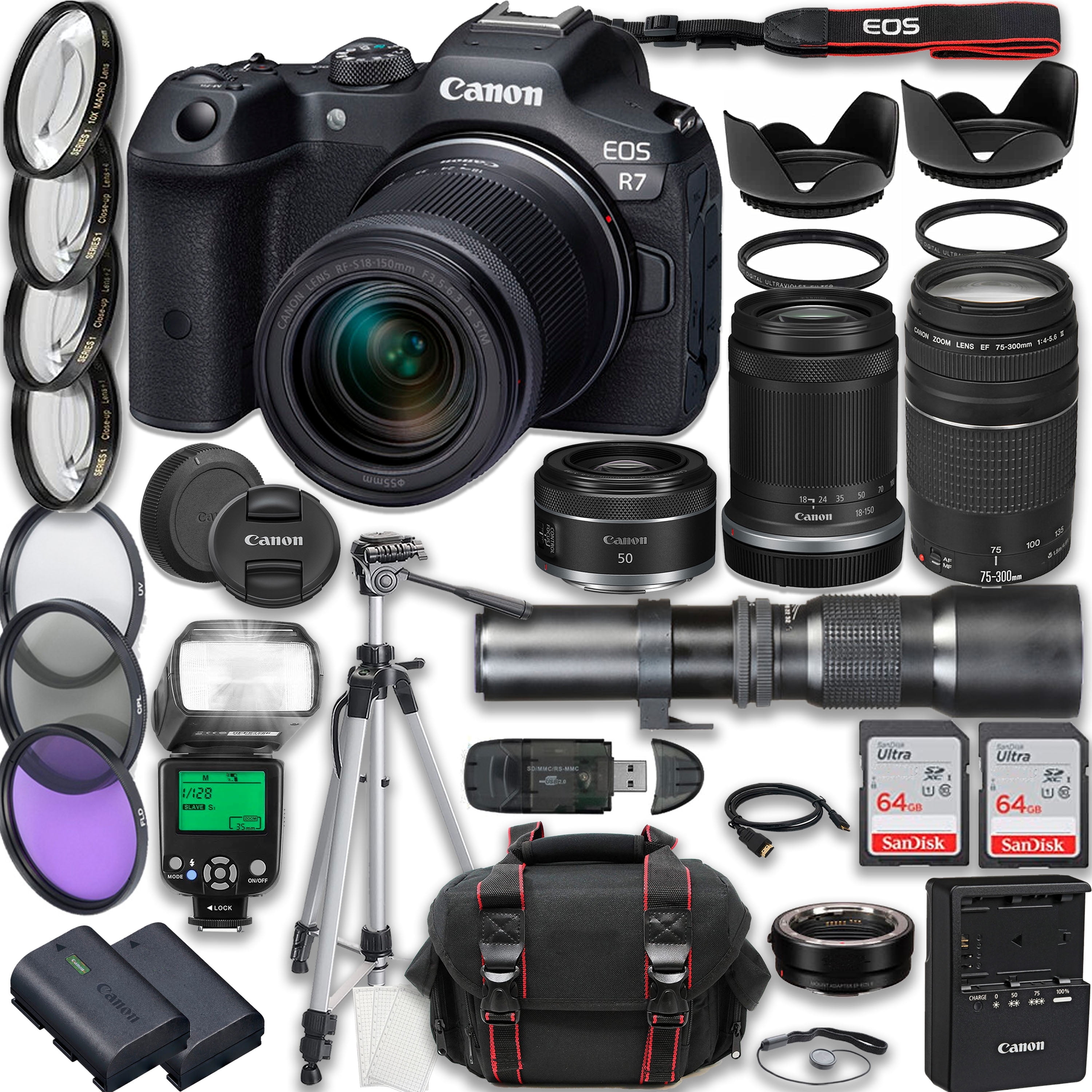 Canon EOS R7 Camera with 18-150mm, 75-300mm, 50mm, 500mm Lenses, 2x64GB ...