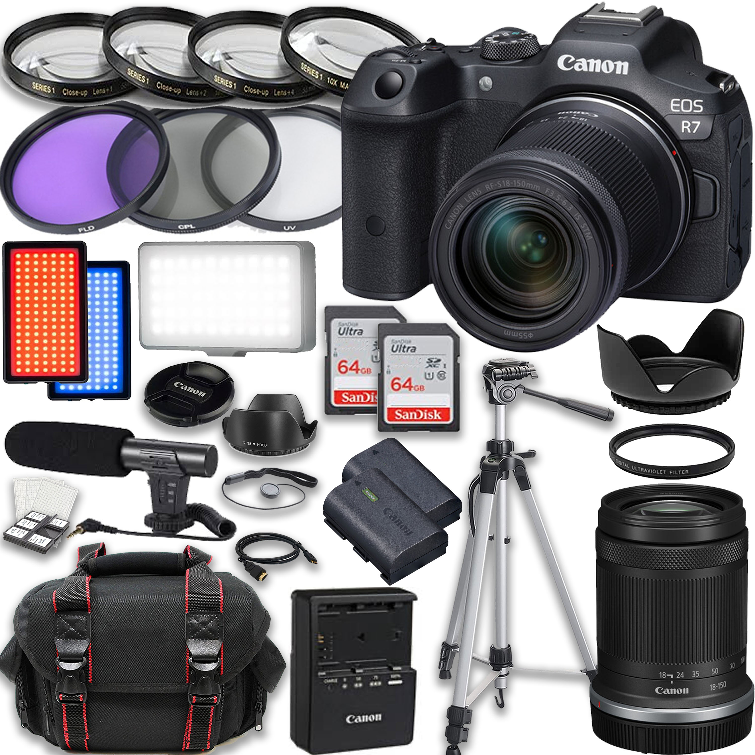 Canon EOS R7 Bundle: 18-150mm Lens, 2X 64GB Cards, LED, Mic, Extra ...