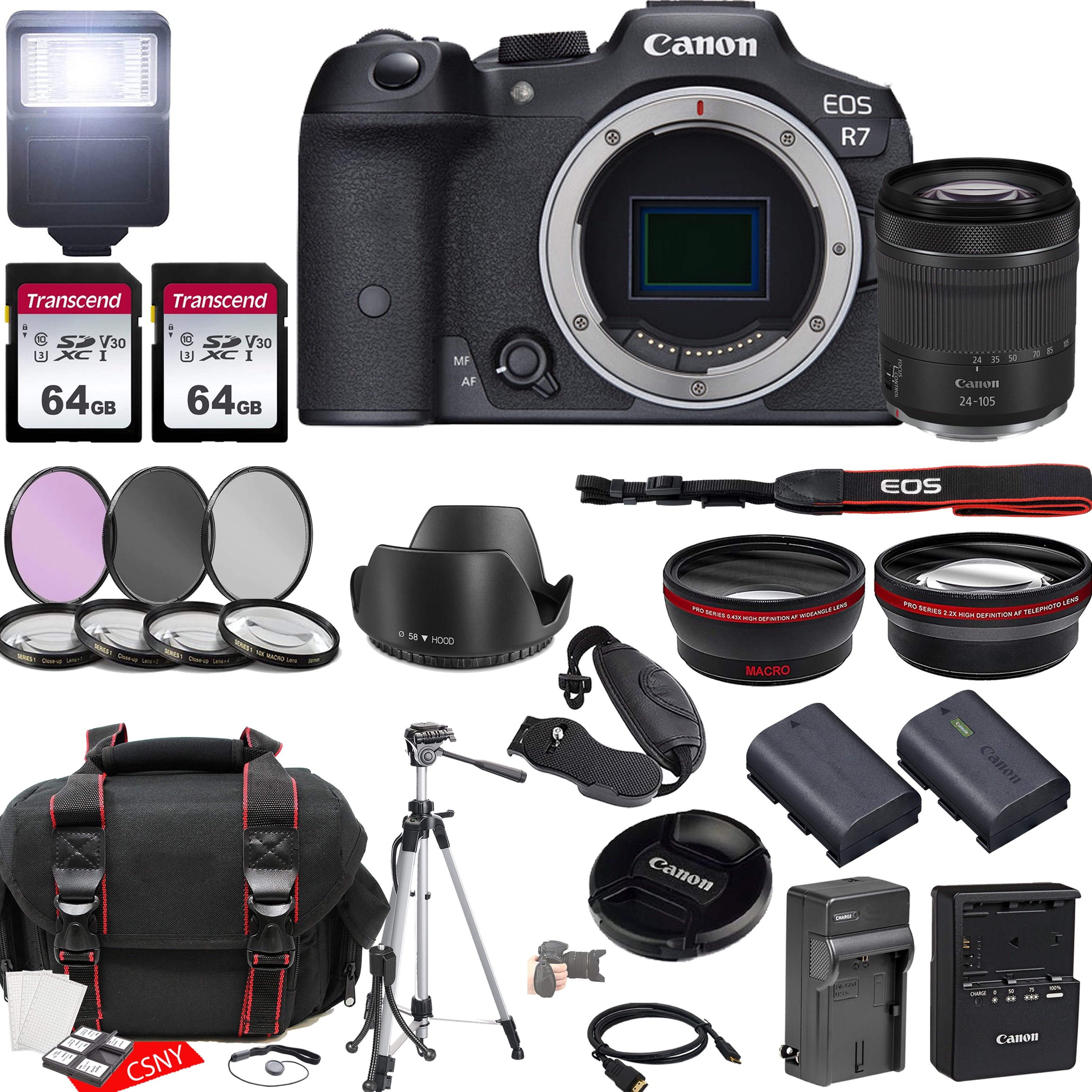 Canon EOS R7 Mirrorless Camera w/RF 24-105mm f/4-7.1 IS STM Lens + 2X 64GB Memory + Hood + Case ...