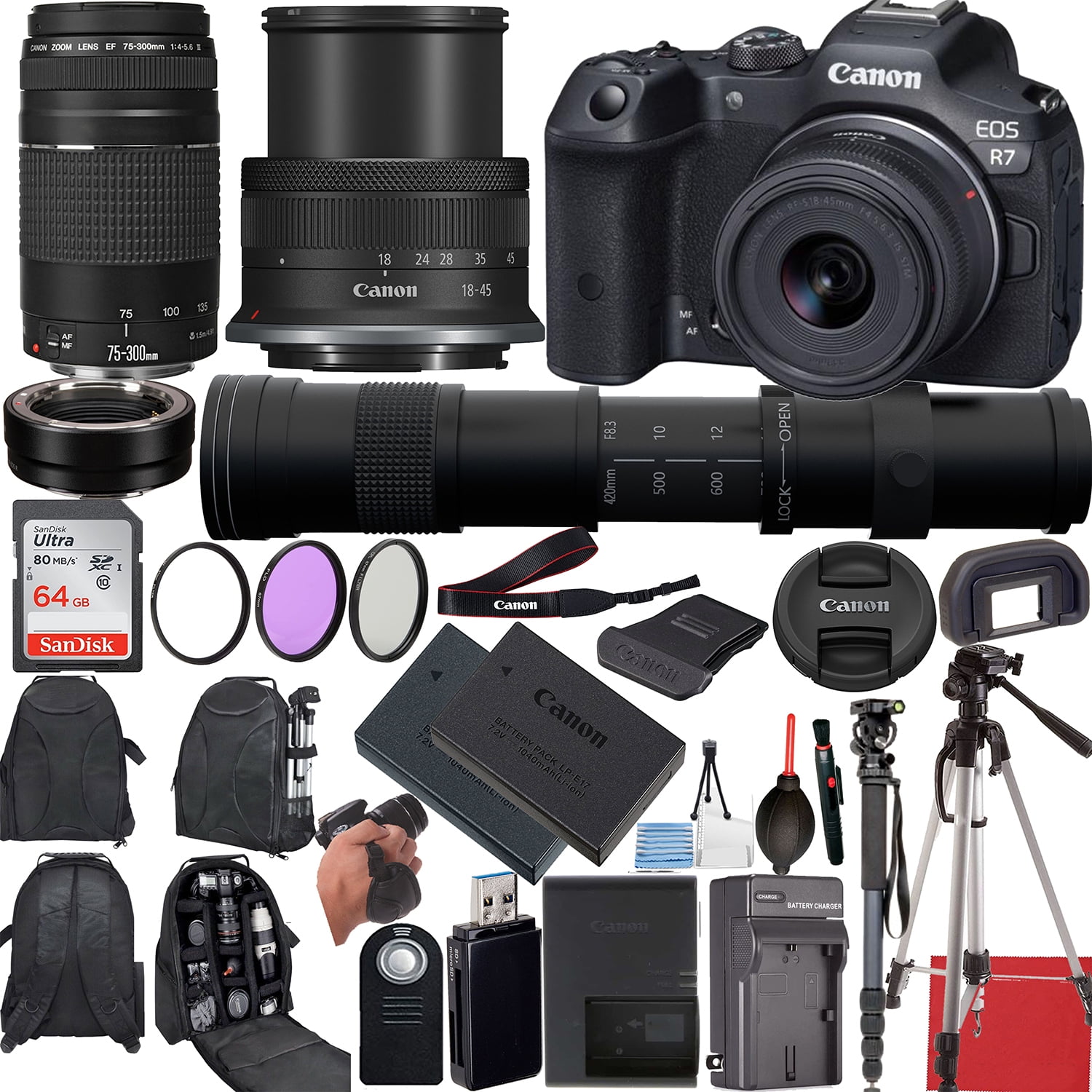 Canon EOS R7 Mirrorless Camera with 18-45mm, 75-300mm & 420-800mm ...