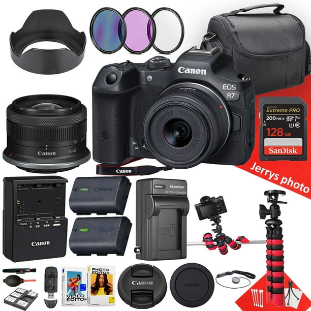 Canon EOS R7 Mirrorless Camera with 18-45mm Lens + 128 GB Memory + Hood ...