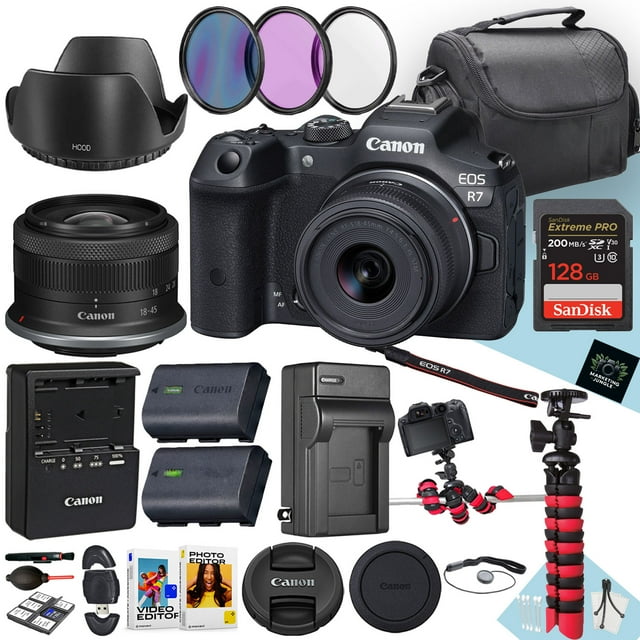 Canon EOS R7 Mirrorless Camera with 18-45mm Lens + 128 GB Memory + Hood ...