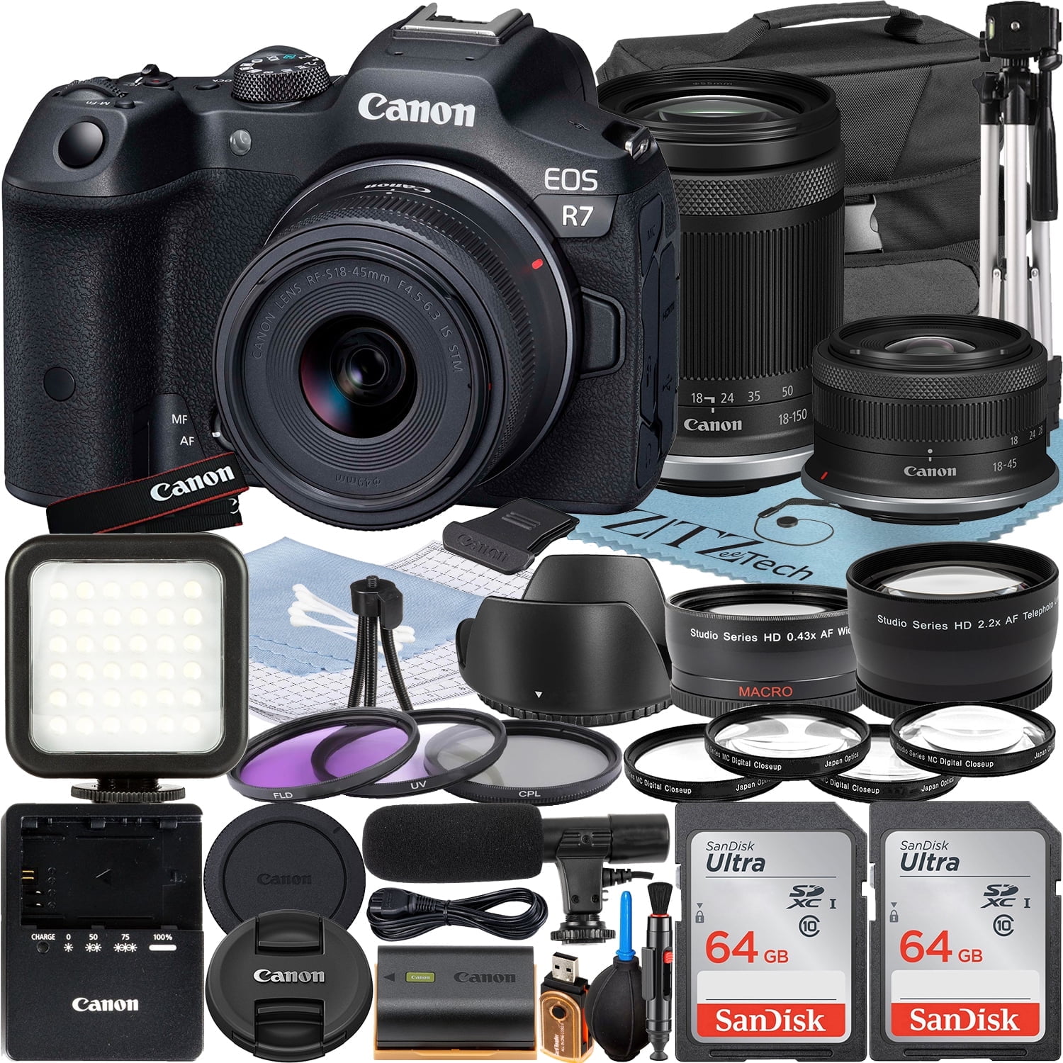Canon EOS R7 Camera Bundle with 18-45mm, 18-150mm Lenses, 2x 64GB Cards ...