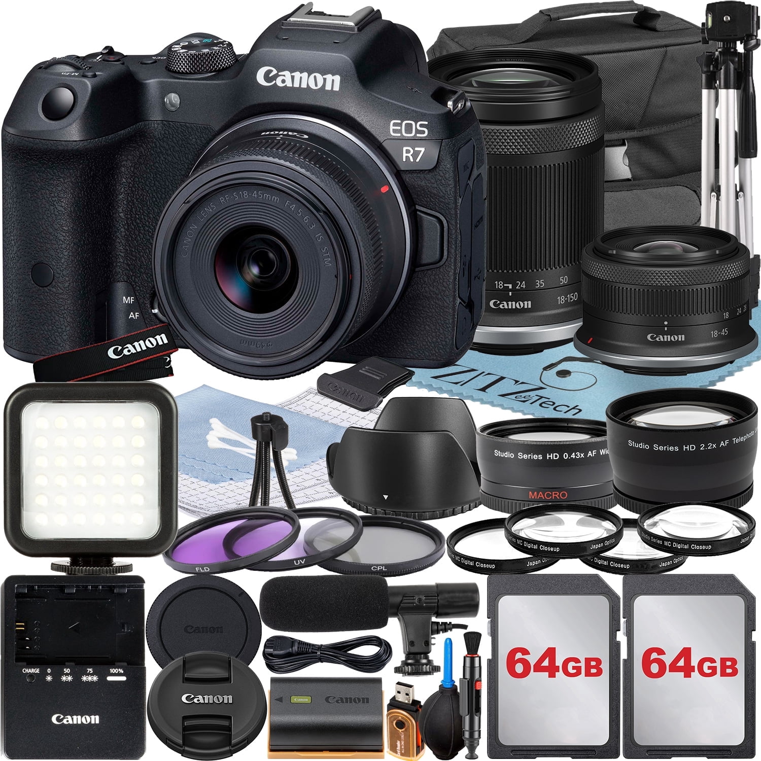 Canon EOS R7 Camera Bundle with 18-45mm, 18-150mm Lenses, 2x 64GB Cards ...