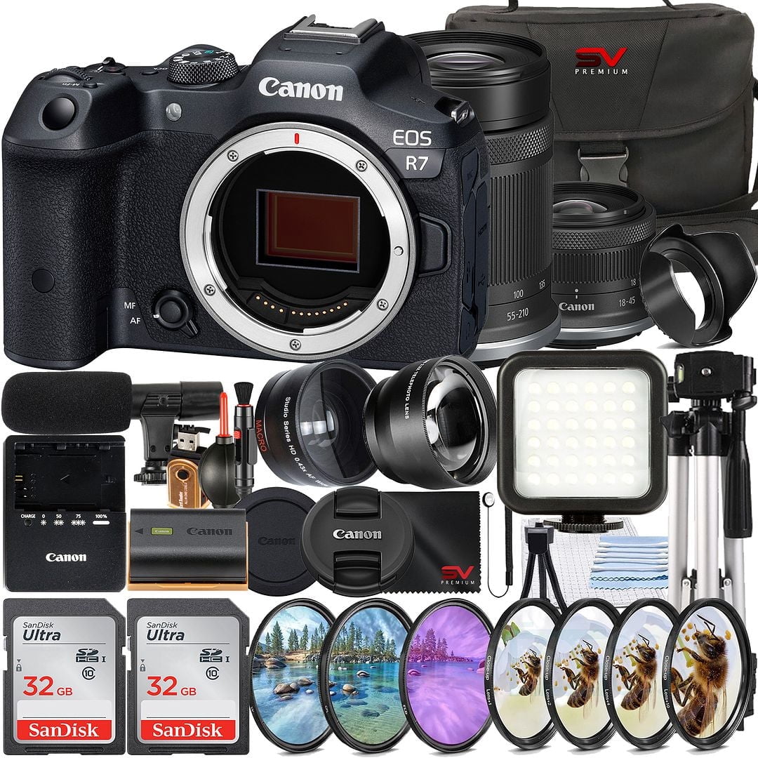 Canon EOS R7 Mirrorless Camera with 18-45mm + 55-210mm Lens, 2x32GB ...