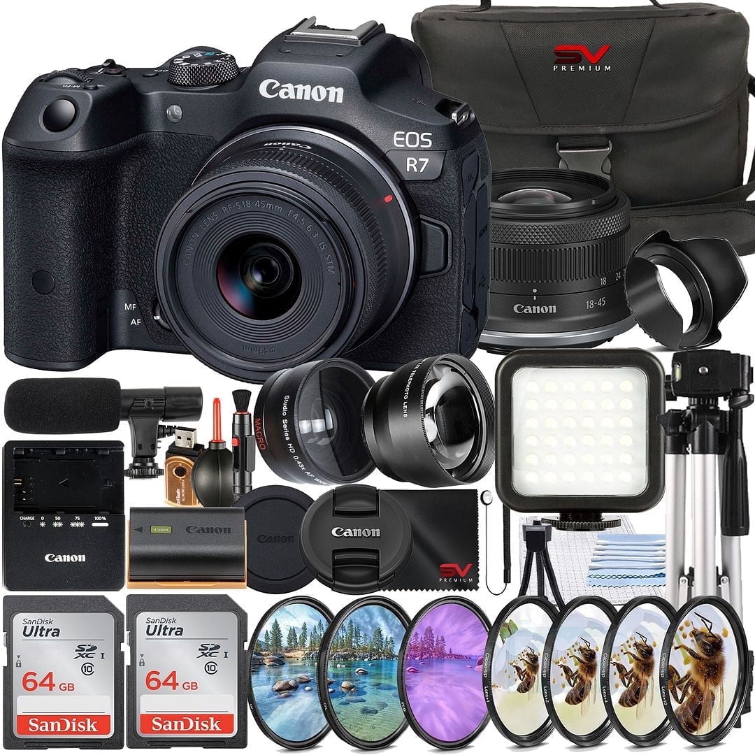 Canon EOS R7 Camera with 18-45mm Lens, 2x 64GB Card, Case, Flash ...