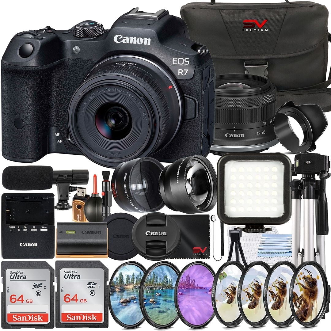Canon EOS R7 Camera with 18-45mm Lens, 2x 64GB Card, Case, Flash ...