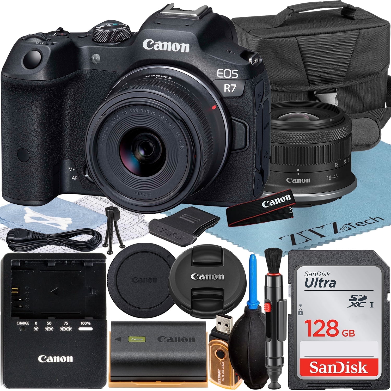 Canon EOS R7 Mirrorless Camera with RF-S 18-45mm Lens + 128GB Memory ...