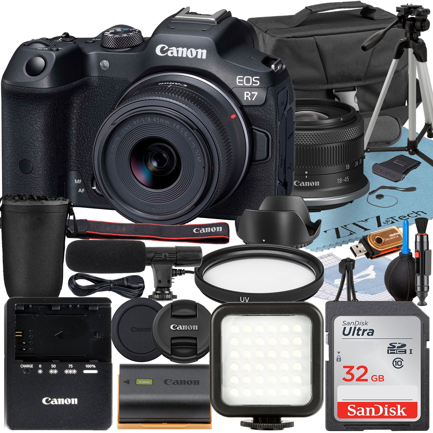 Canon EOS R7 Mirrorless Camera, 18-45mm Lens, 32GB Card, LED Flash ...