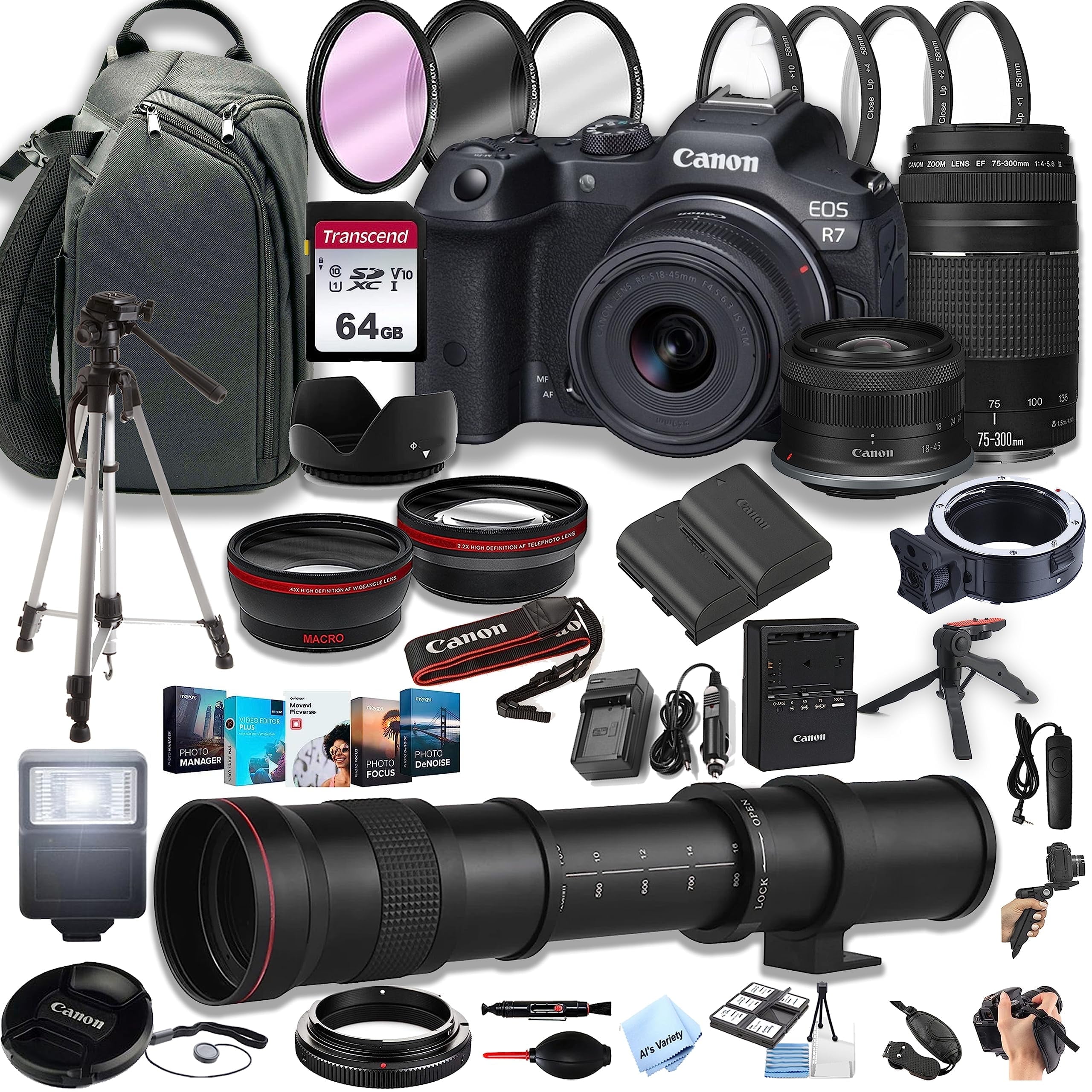 Canon EOS R7 Mirrorless Digital Camera with RF-S 18-45mm, 75-300mm, and 420-800mm Lenses, 32.5 ...