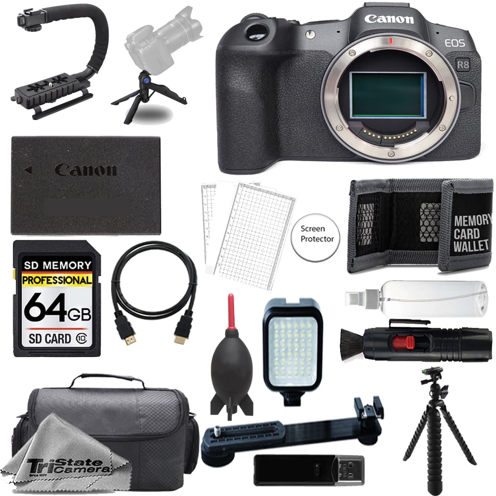 Canon EOS R8 Mirrorless Camera (Body) + 64GB + Extra Battery+ LED Flash ...