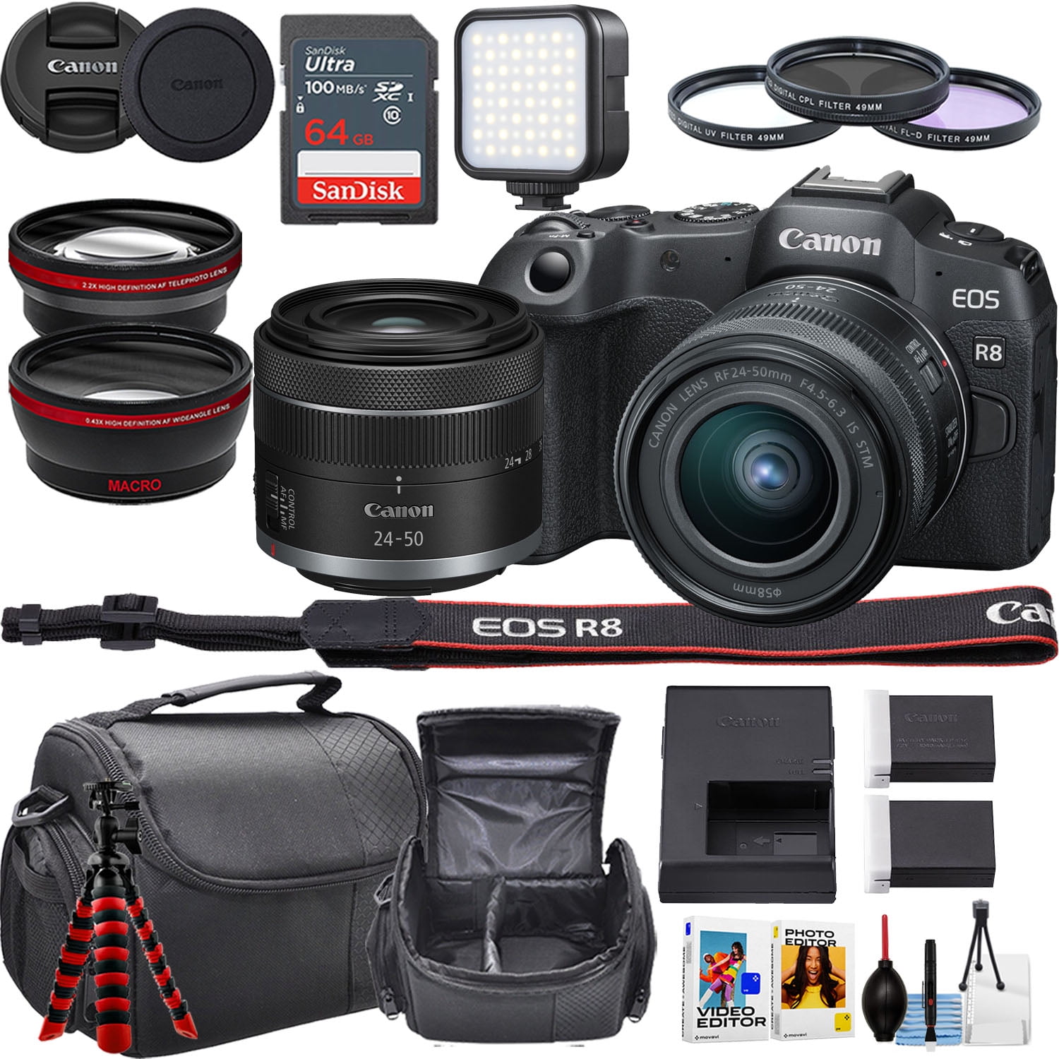 Canon EOS R8 Mirrorless Camera + Canon 24-50mm lens + LED light + more ...