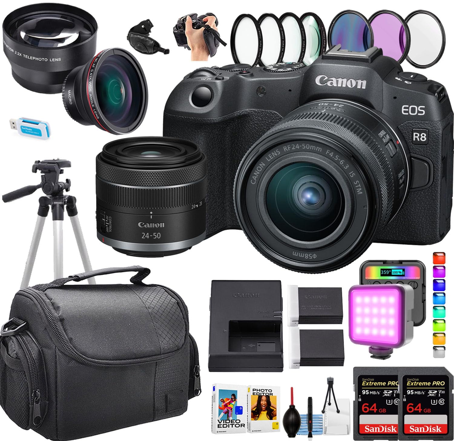 Canon EOS R8 Mirrorless Camera w/24-50mm Lens + 2pc Sandisk 64GB ...