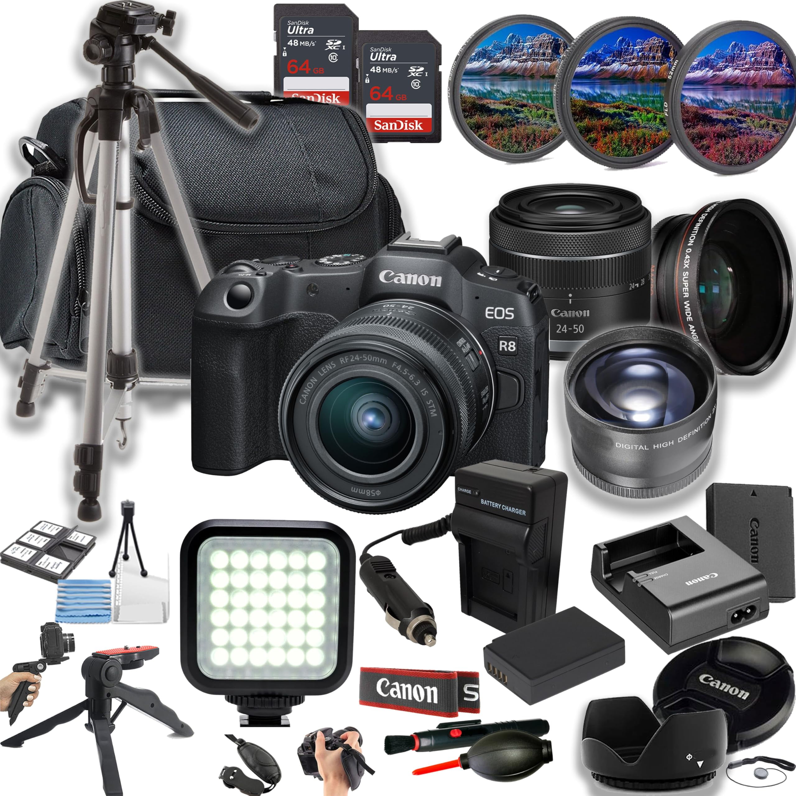 Canon EOS R8 Mirrorless Camera w/24-50mm STM Lens + LED Light + 128GB ...