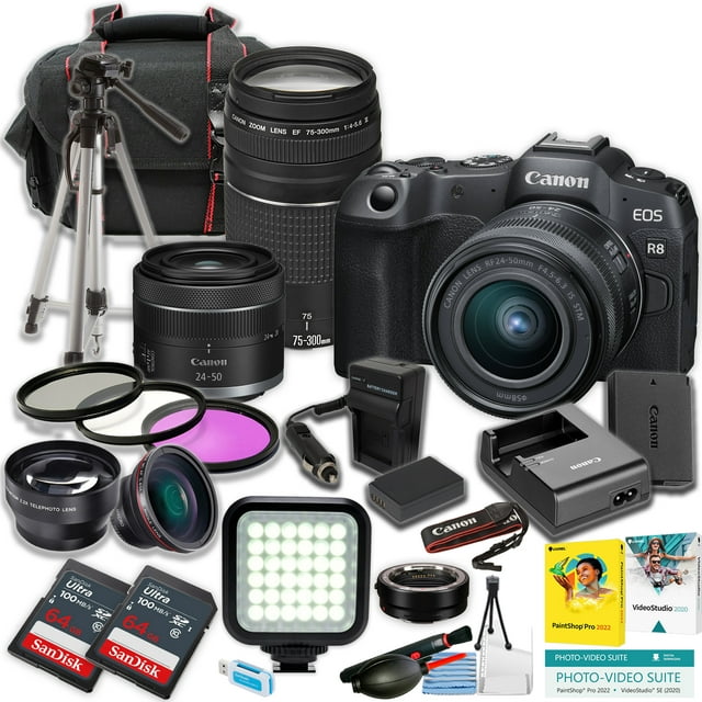 Canon EOS R8 Mirrorless Camera w/24-50mm and EF 75-300mm Lens + 2pc ...