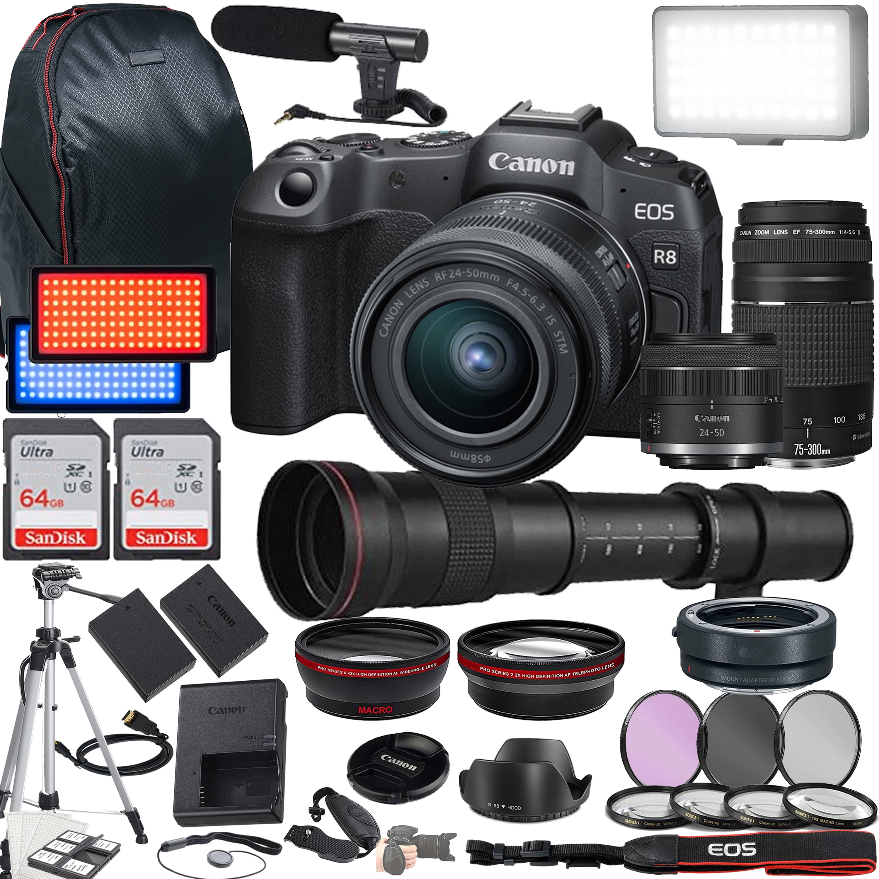 Canon EOS R8 DSLR Kit: Full-Frame Mirrorless Camera + RF 24-50mm, EF 75 ...