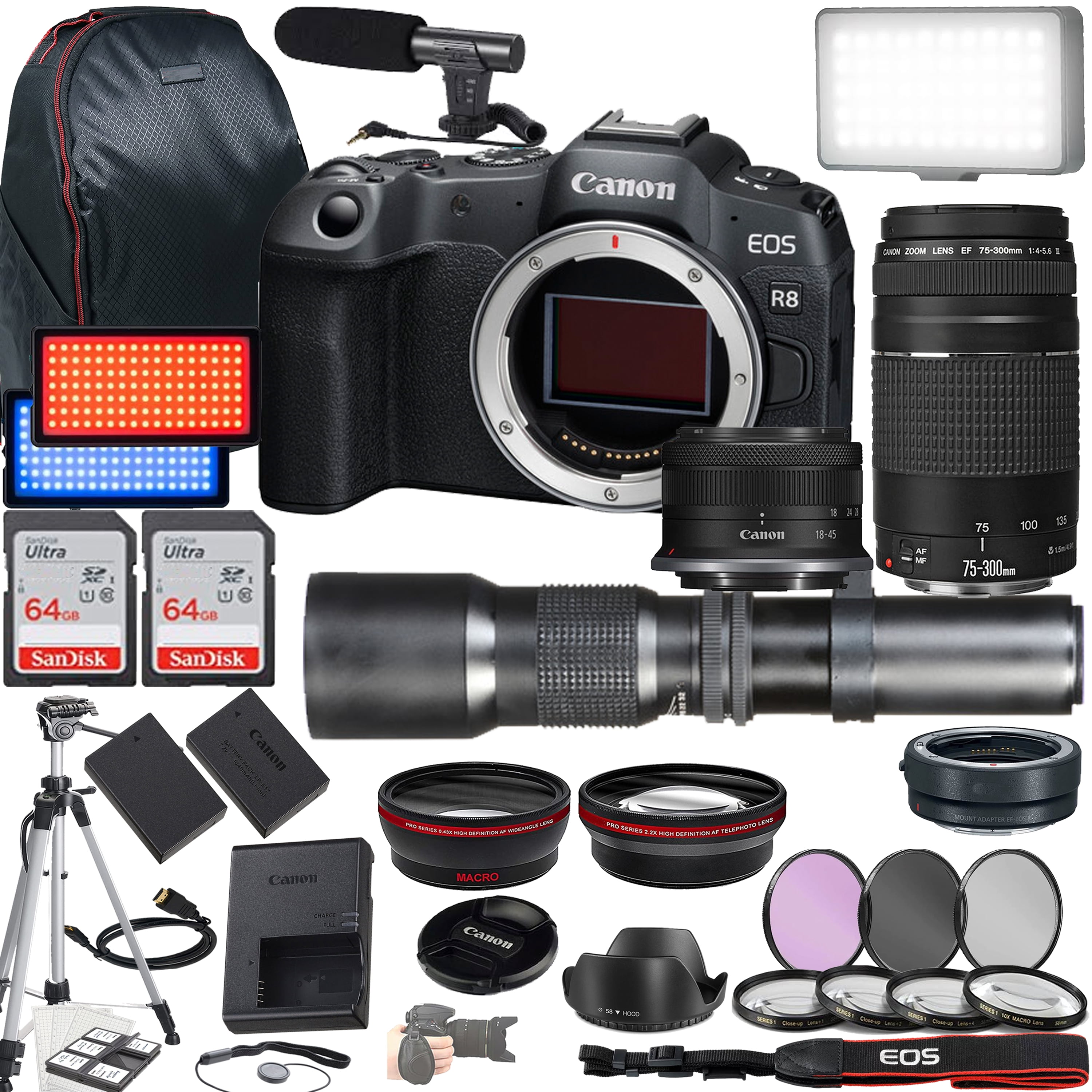 Canon EOS R8 DSLR Camera with 18-45mm, 75-300mm, 500mm Lenses, 2X 64GB ...