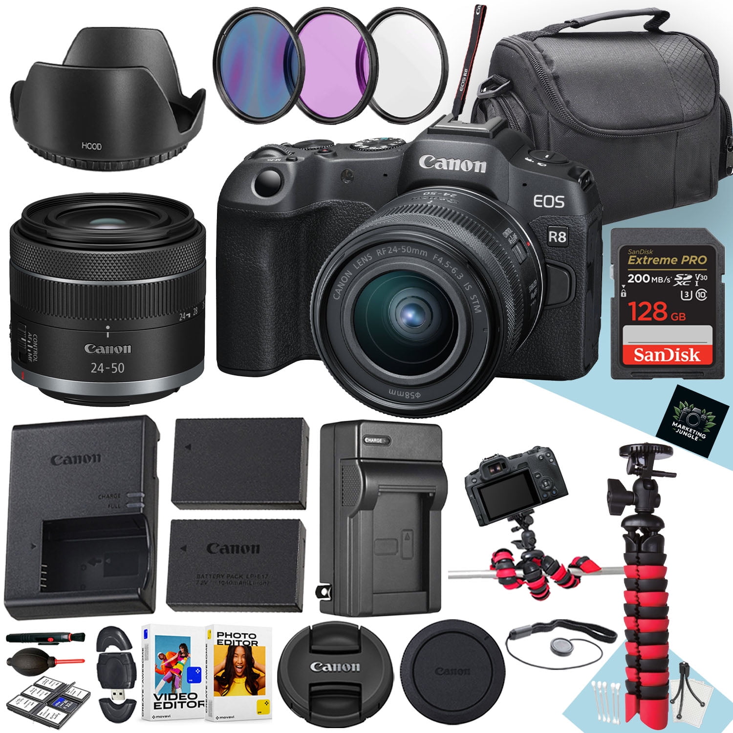 Canon EOS R8 Mirrorless Camera with 24-50mm Lens + 128 GB Memory + Hood ...