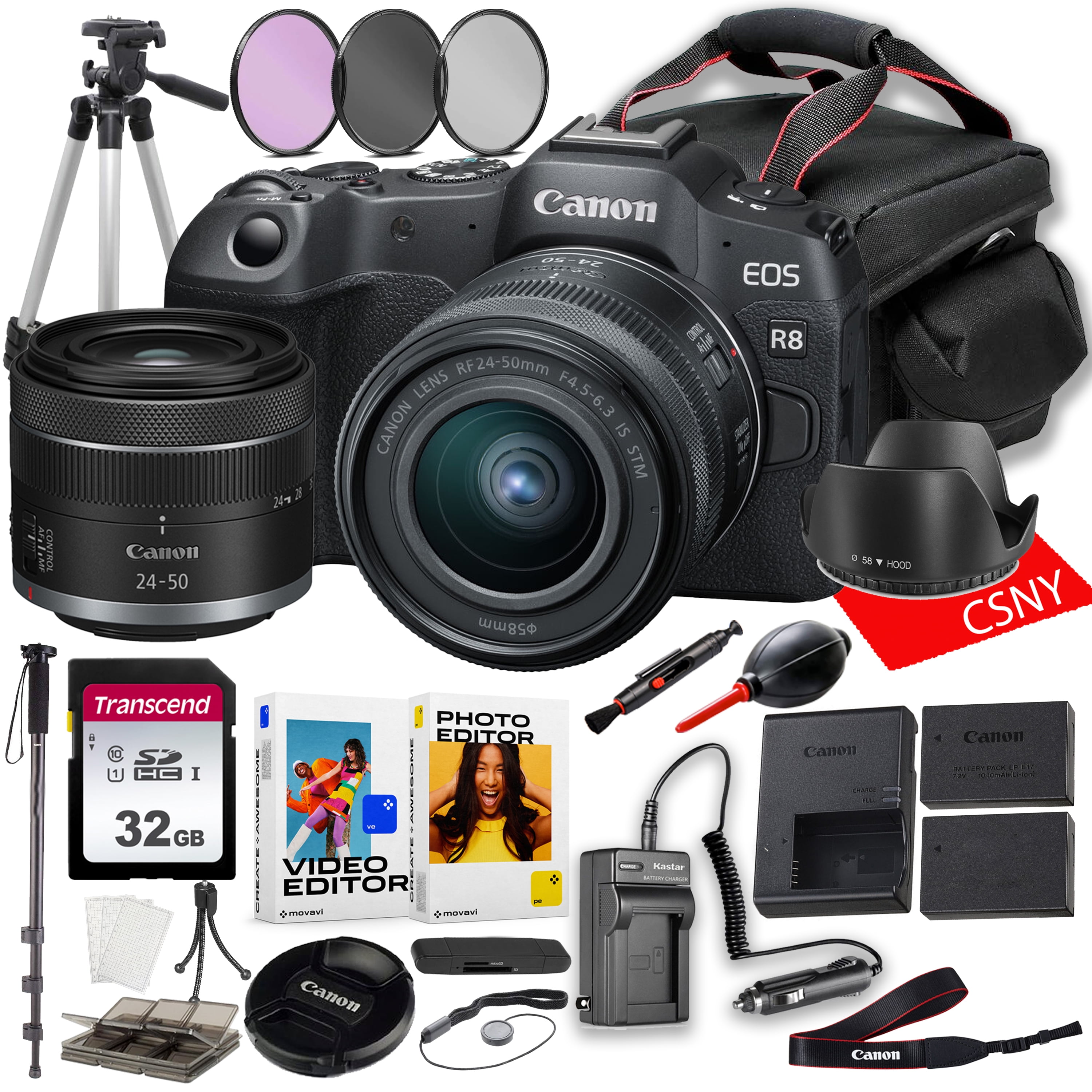 Canon EOS R8 Mirrorless Camera with 24-50mm Lens + 32 GB Memory + Hood + Monopod + Filters ...