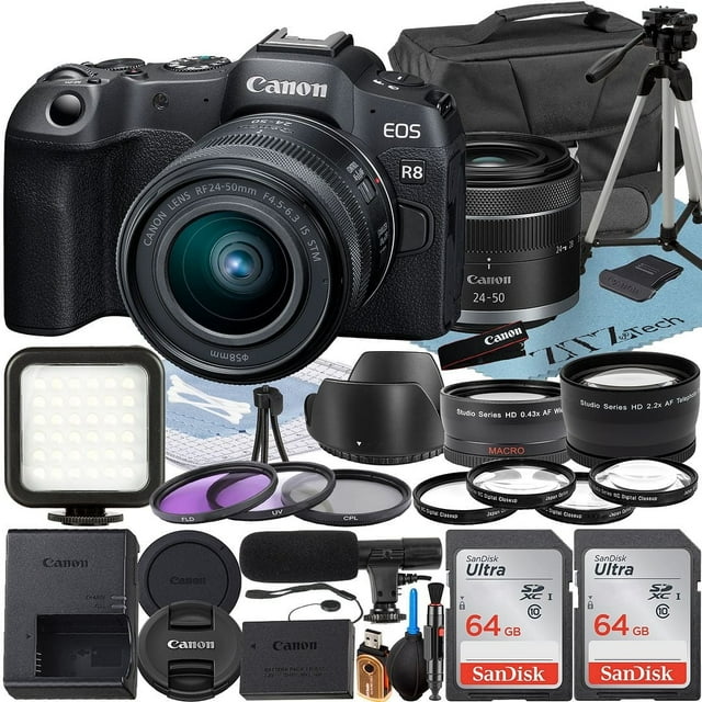 Canon EOS R8 Full Frame DSLR Bundle with RF 24-50mm Lens, 2 Pack 64GB ...
