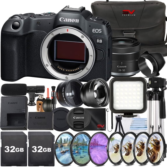 Canon EOS R8 Camera, 24.2MP, 4K60p, RF 24-50mm Lens, 2x32GB Cards, LED ...