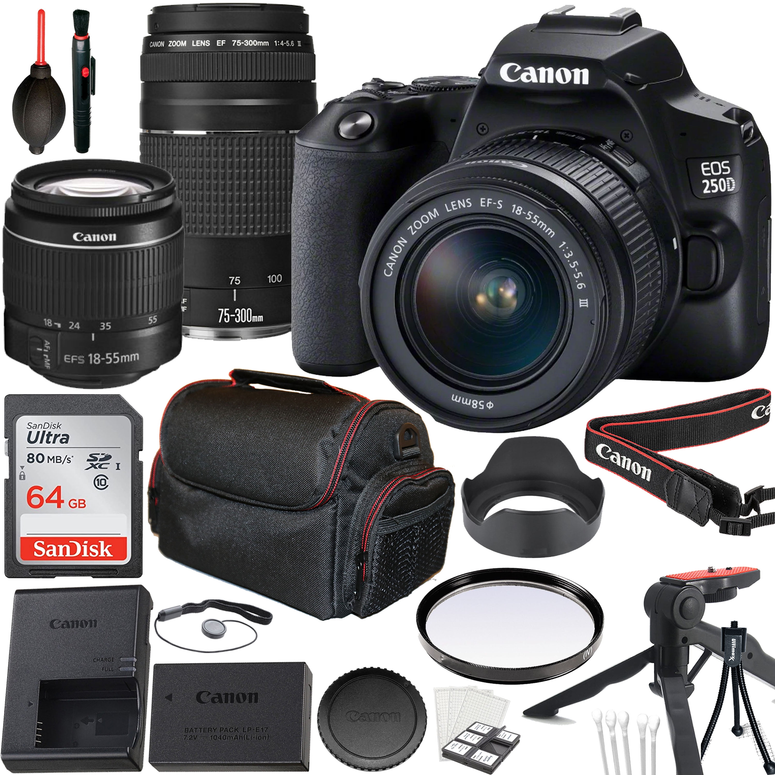 Canon EOS Rebel 250D/SL3 DSLR Bundle: EF-S 18-55mm, EF 75-300mm Lenses ...