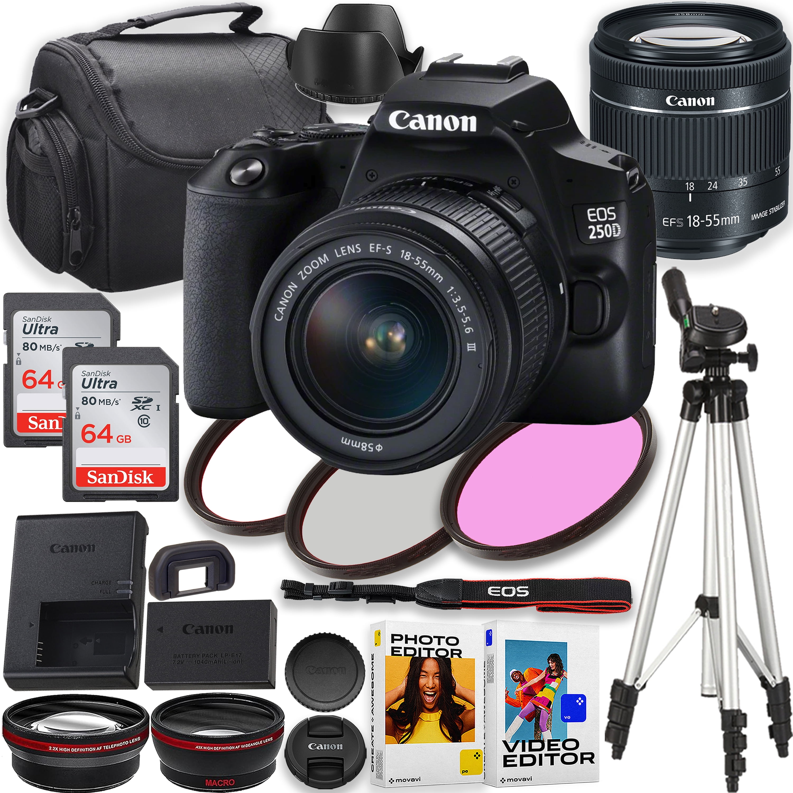 Canon EOS Rebel 250D / SL3 DSLR Camera with EF-S 18-55mm Lens + 2Pc ...