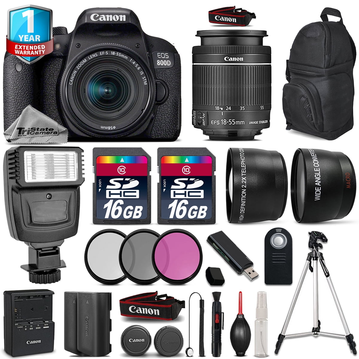 Canon EOS Rebel 800D Camera + 18-55mm IS STM + Flash + EXT BATT + 1yr ...