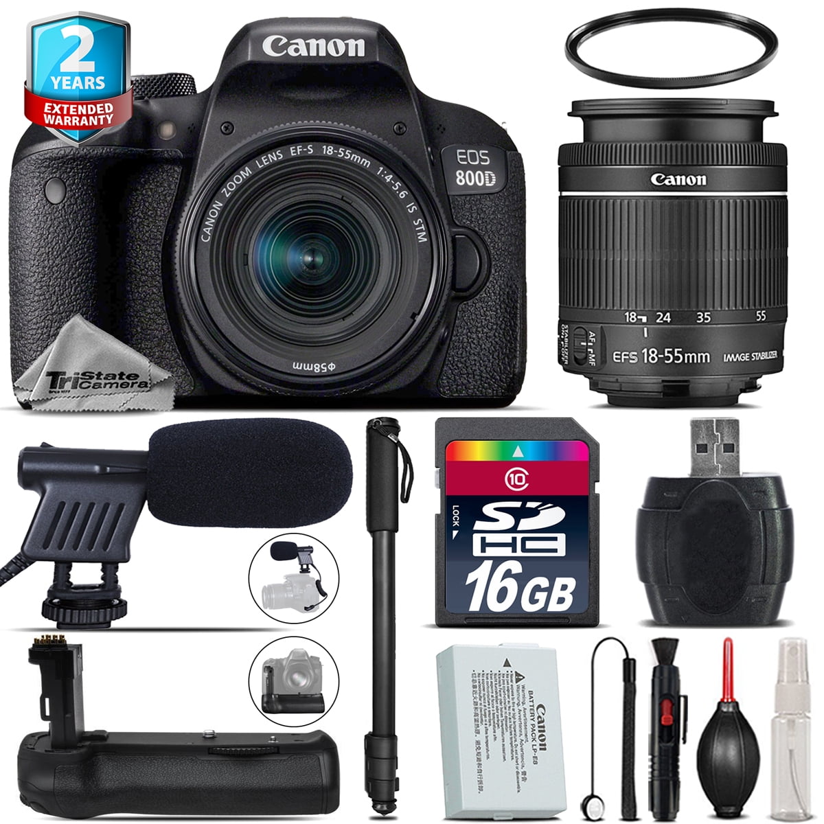 Canon EOS Rebel 800D T7i + 18-55mm STM + Battery Grip + Shoutgun Mic ...