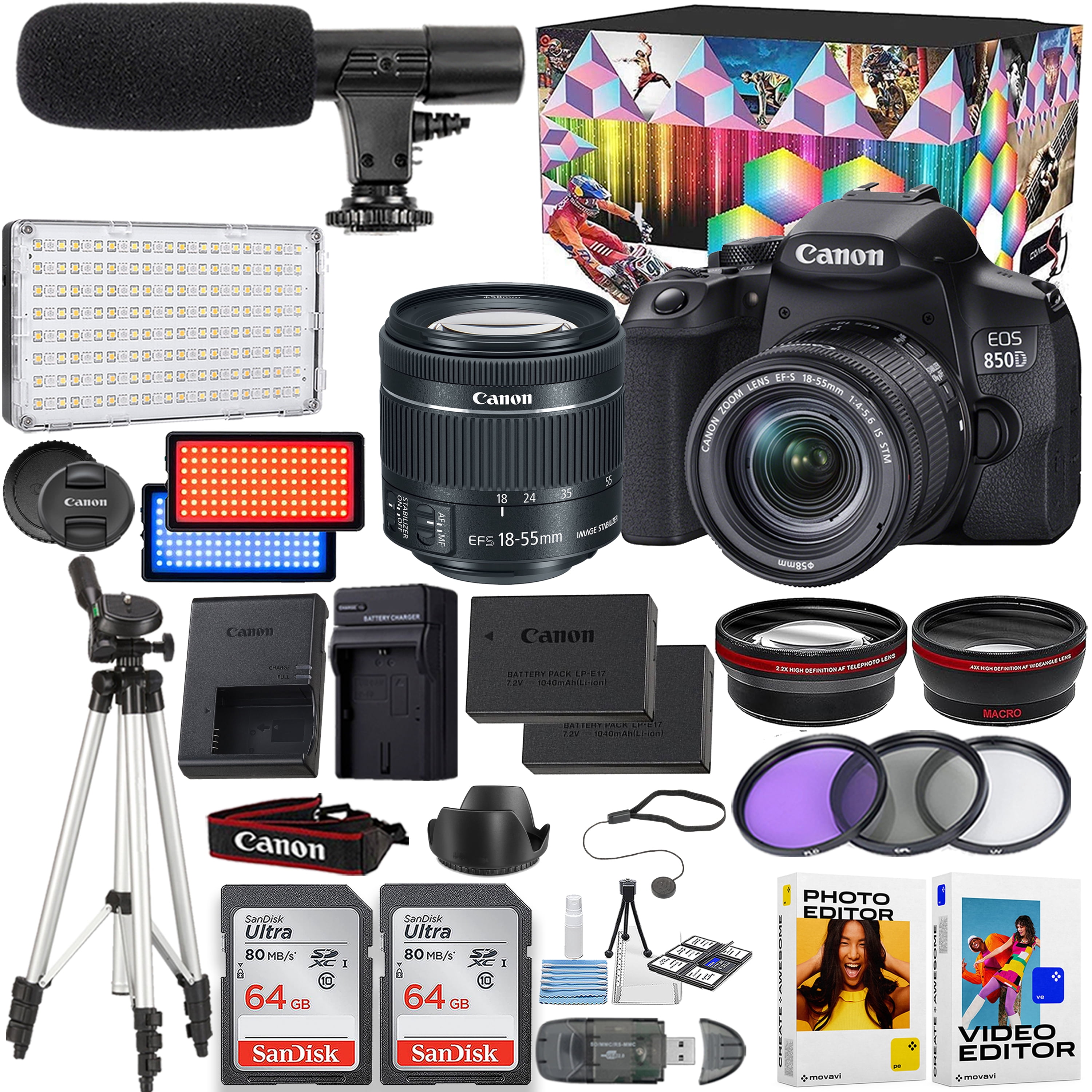 Canon EOS Rebel 850D/T8i DSLR, Video Kit, EF-S 18-55mm Lens, 2x64GB ...