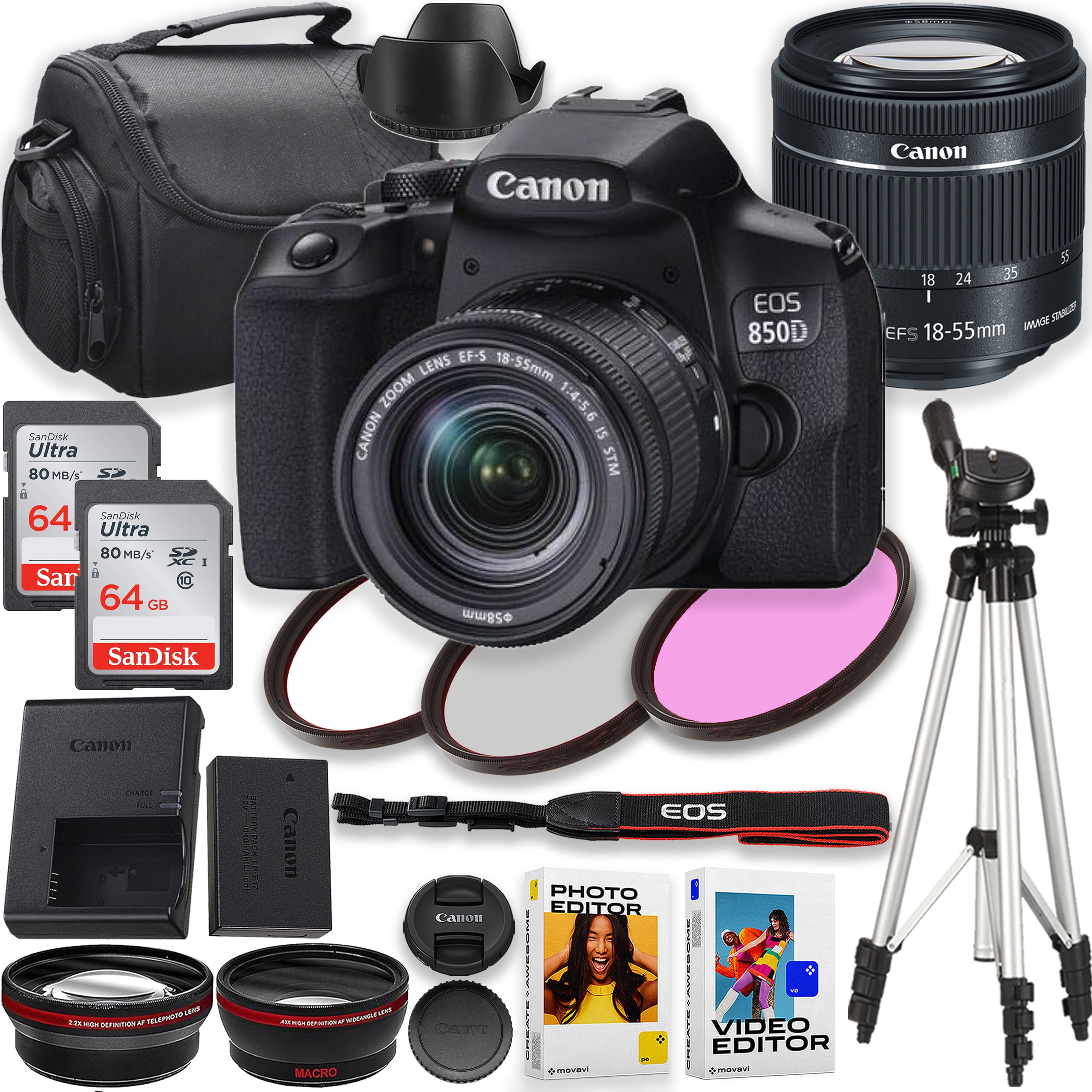 Canon EOS Rebel 850D / T8i DSLR Camera w/ EF-S 18-55mm Lens + 2Pc 64GB ...