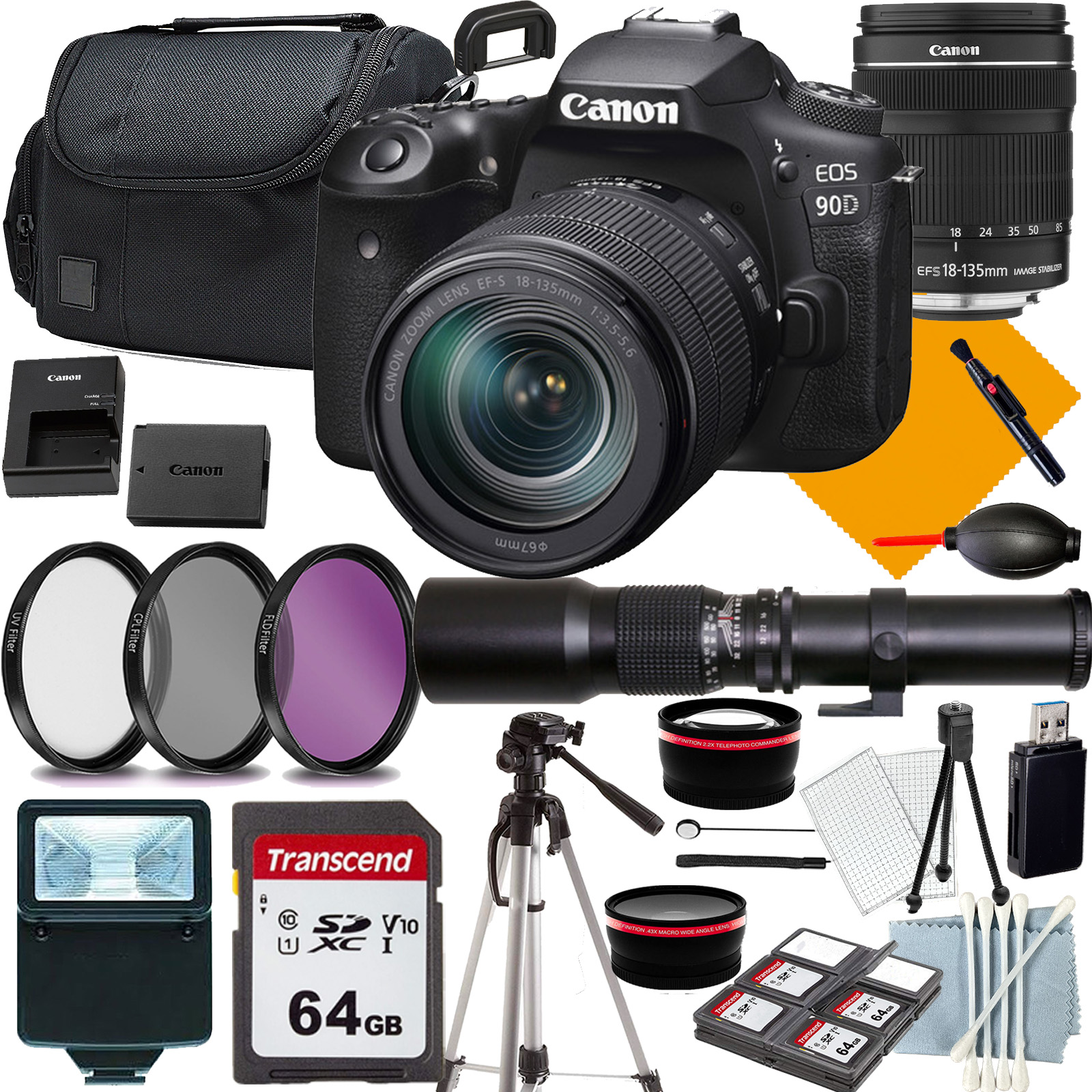 Canon EOS Rebel 90D Camera with 18-135mm+500mm f/8.0 Telephoto Lens for ...
