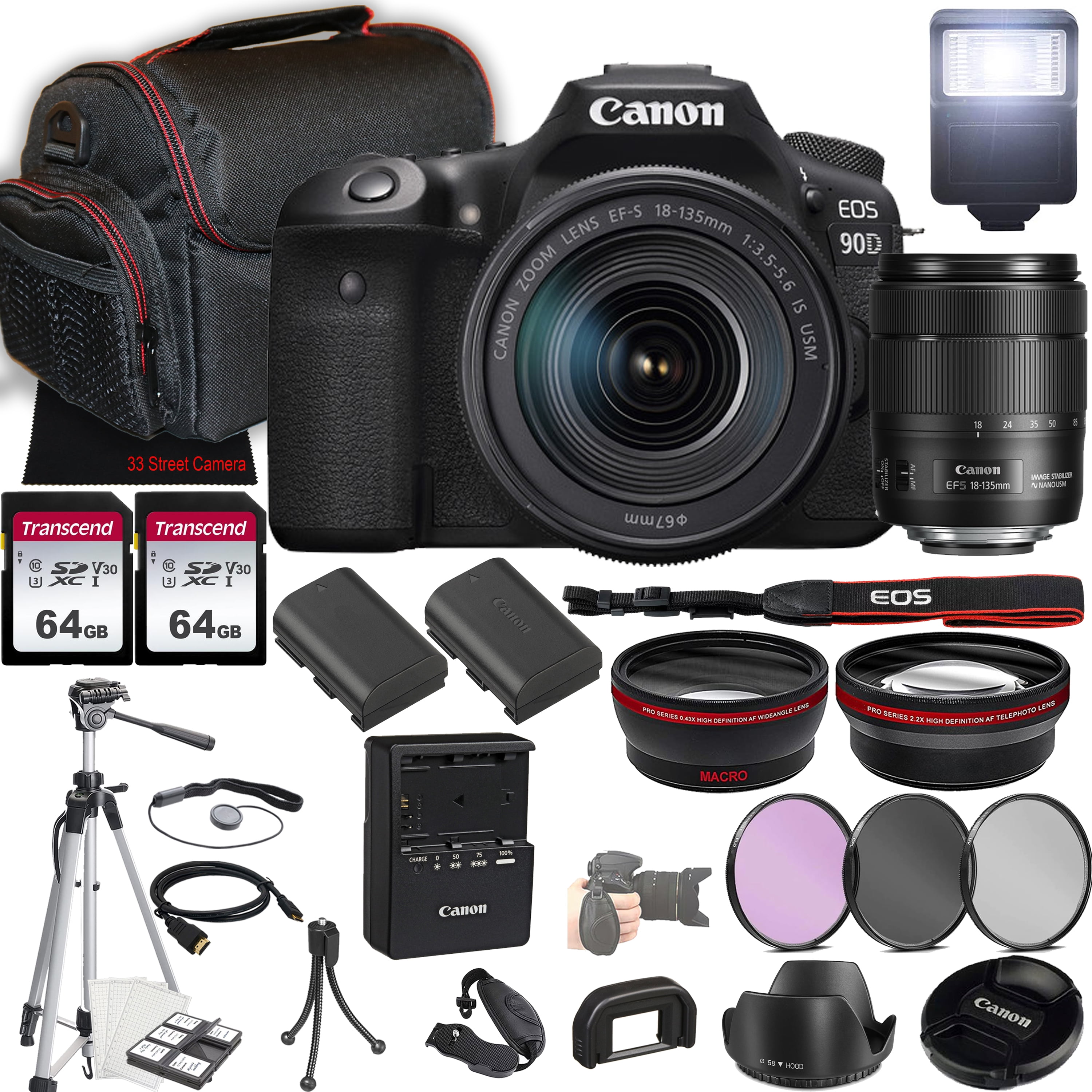 Canon EOS Rebel 90D DSLR w/EF-S 18-135mm Lens, 2X 64GB Memory, Case ...