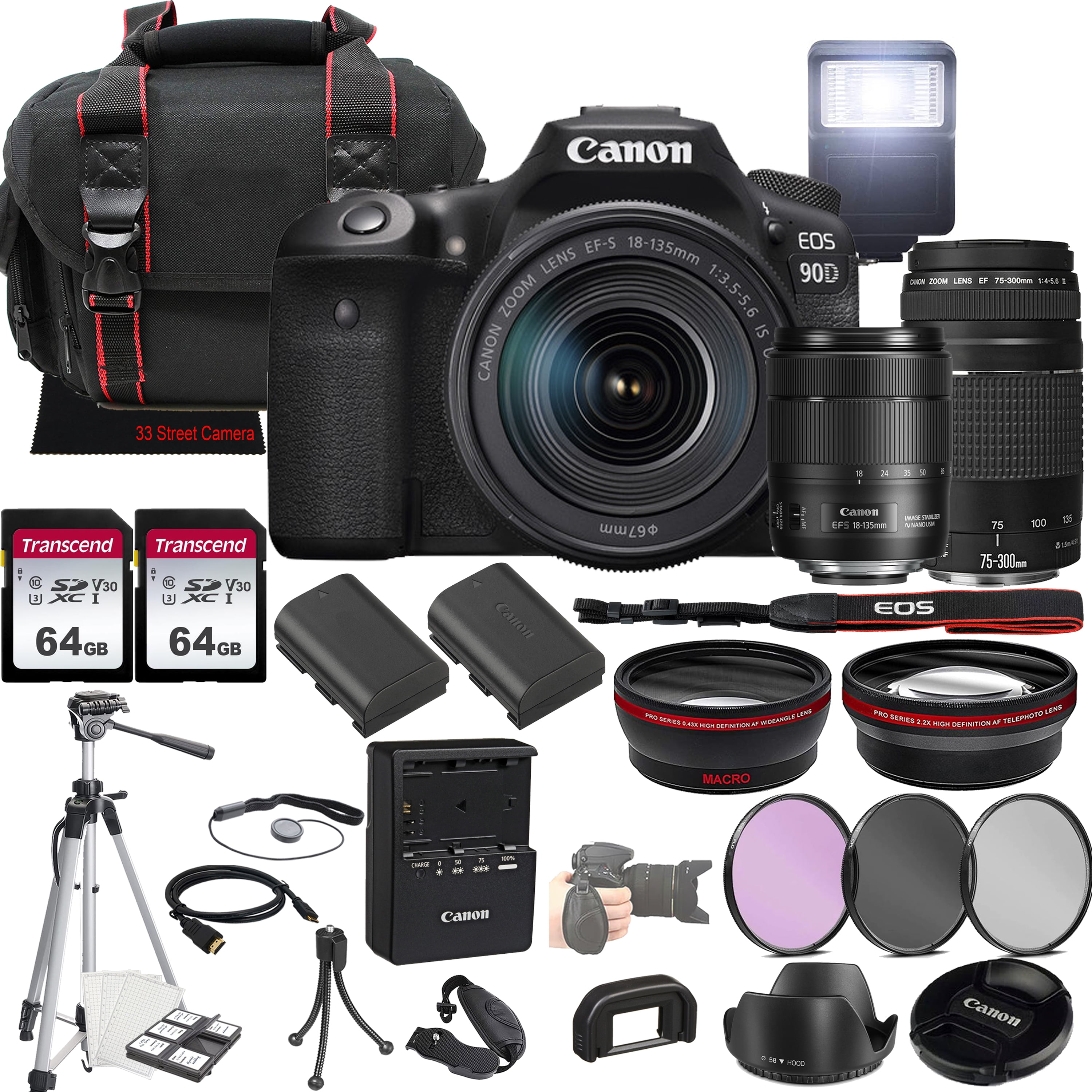 Canon EOS 90D DSLR Camera with 18-135mm & 75-300mm Lenses, 2x 64GB ...