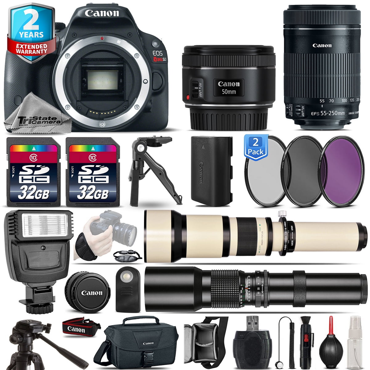 Canon EOS Rebel SL1 Camera + 50mm 1.8 + 55-250mm IS STM + 2yr Warranty ...