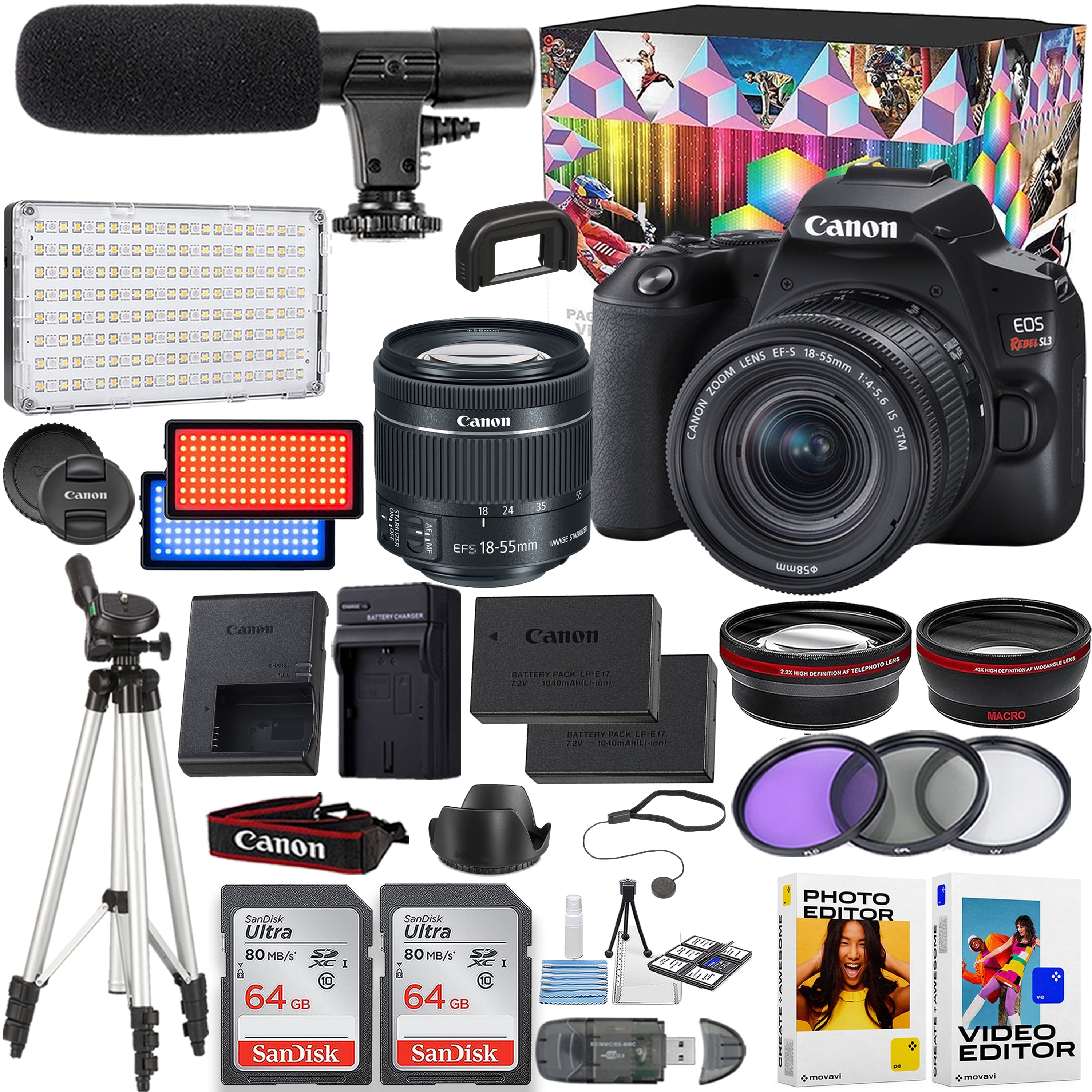 Canon EOS Rebel SL3 DSLR Bundle: Video Kit, EF-S 18-55mm Lens, 2x64GB ...