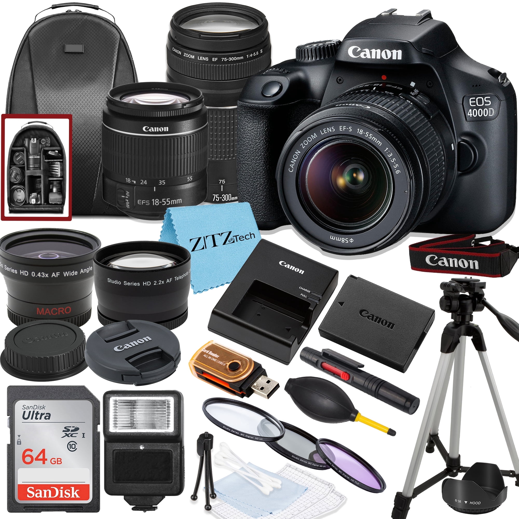 Canon EOS Rebel T100/4000D Camera with 18-55mm & 75-300mm Lenses, 64GB ...