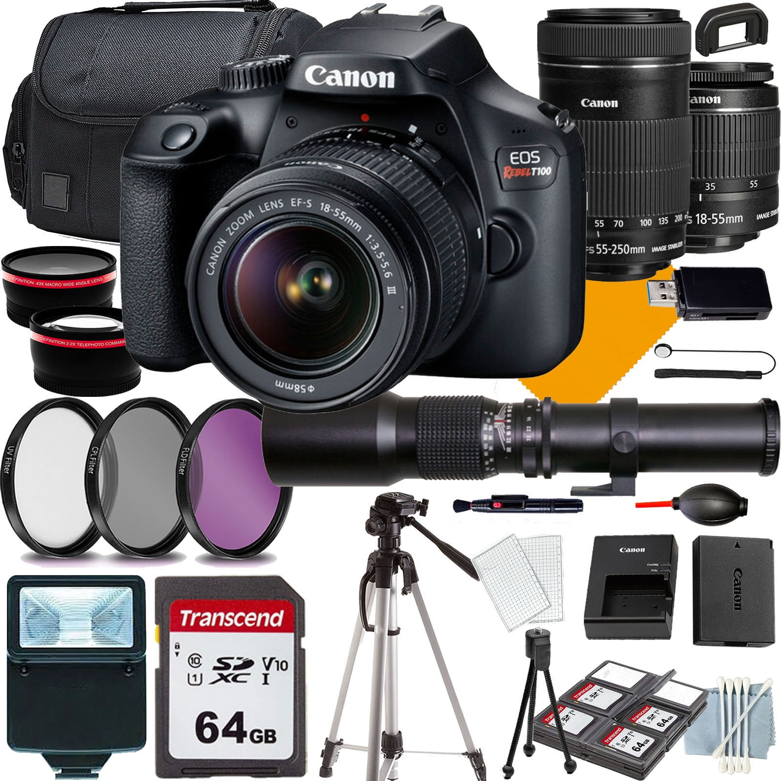 Canon EOS Rebel T100 Camera with 18-55mm+Canon EF-S 55-250mm f/4-5.6 IS ...