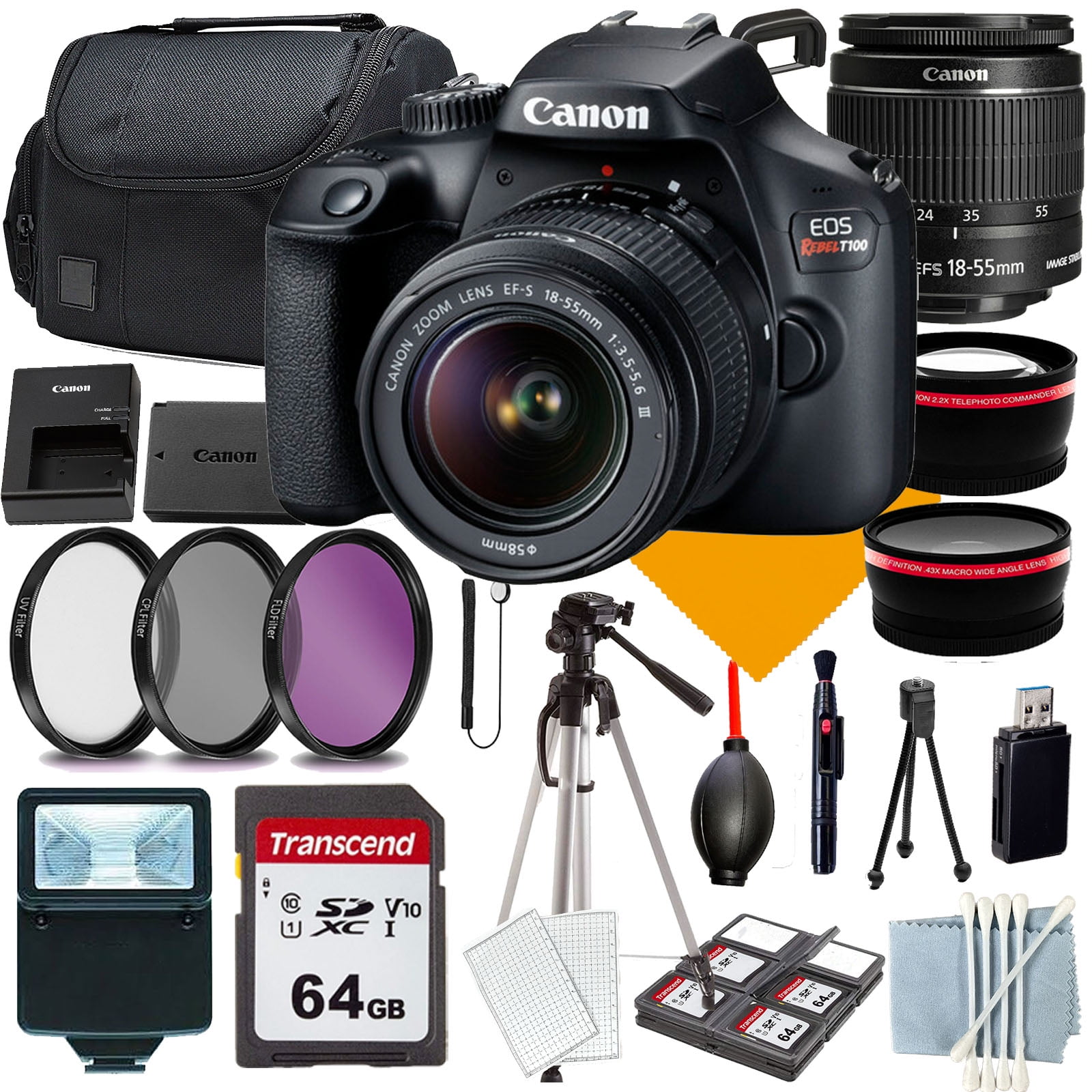 Canon EOS Rebel T100 Camera Bundle, 18-55mm Lens, 64GB Memory, Tripod ...