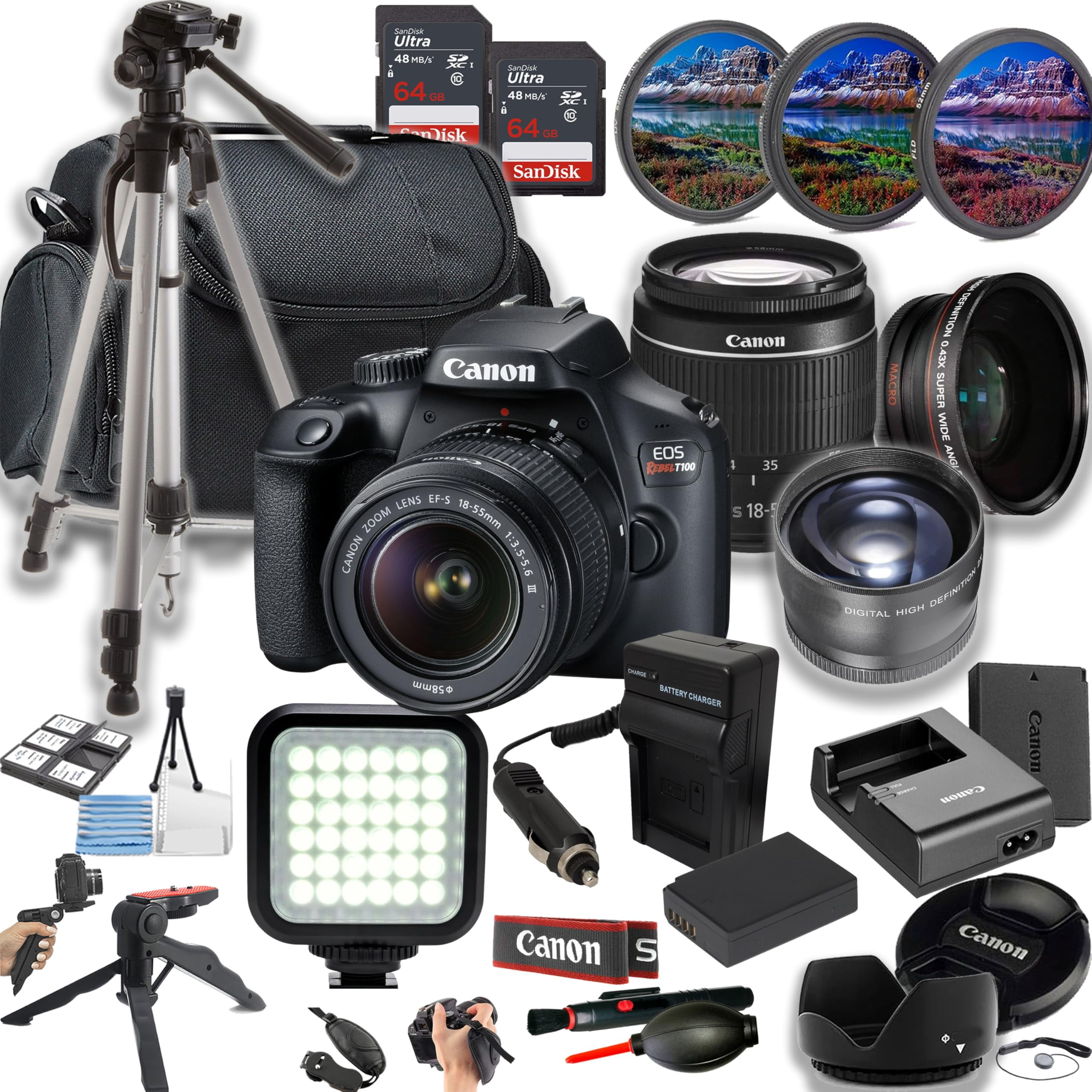 Canon EOS Rebel T100 DSLR Camera 18MP DSLR Camera w/EF-S 18-55mm f/3.5-5.6 Lens + LED Light ...