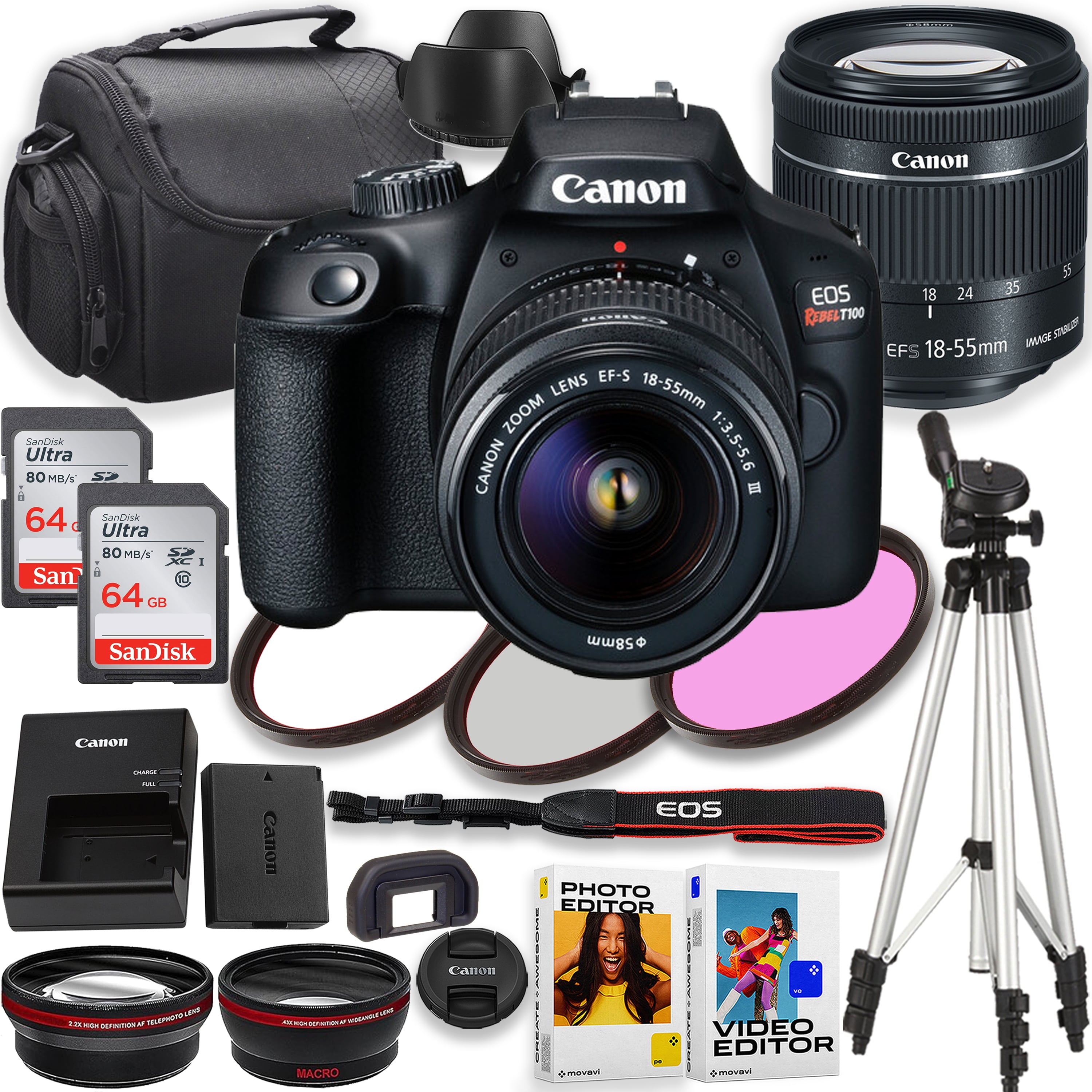 Canon EOS Rebel T100 DSLR Camera w/ Canon EF-S 18-55mm Lens + 2Pc 64GB Memory Card + Tripod ...