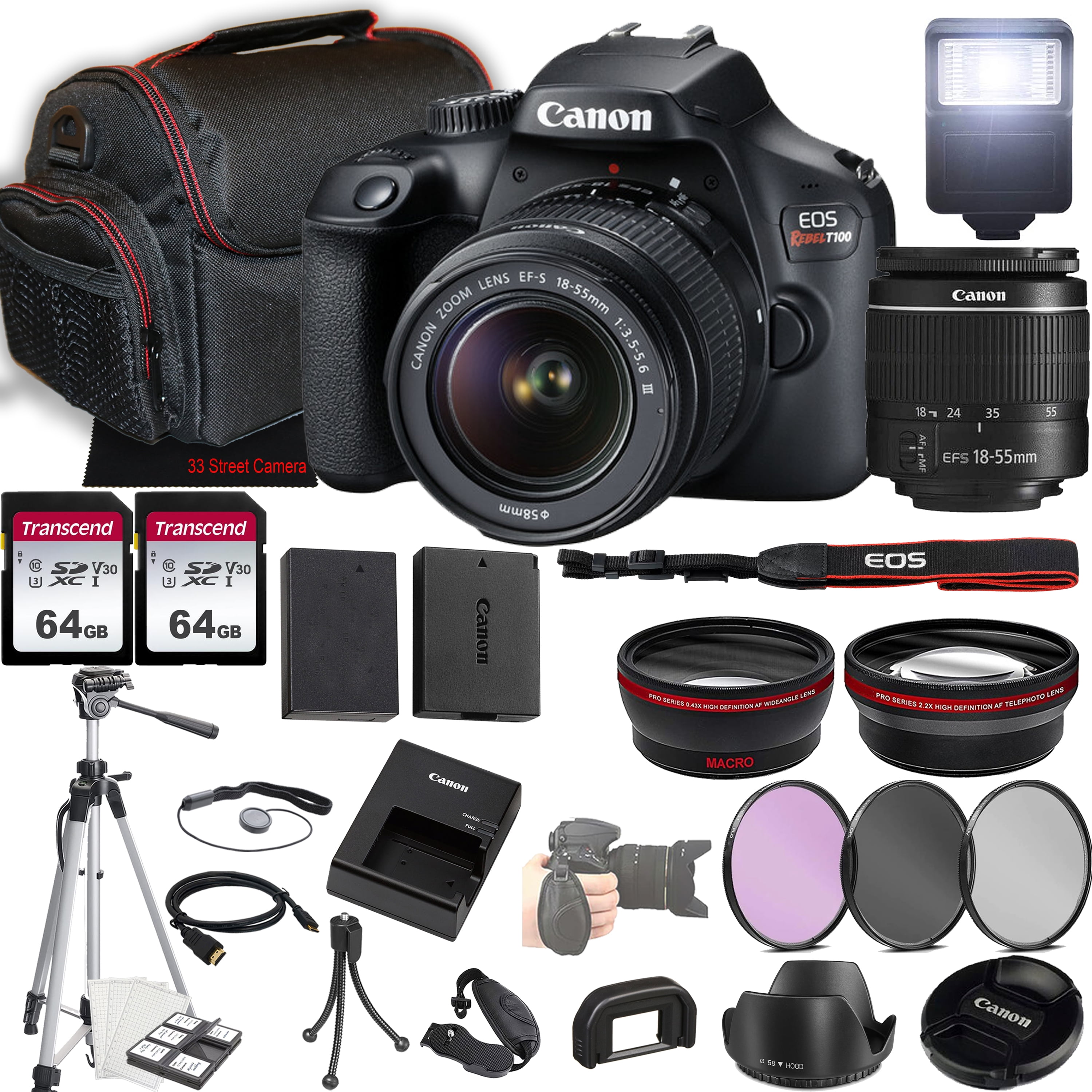 Canon EOS Rebel T100 DSLR Camera Bundle with EF-S 18-55mm Lens, 2X 64GB ...