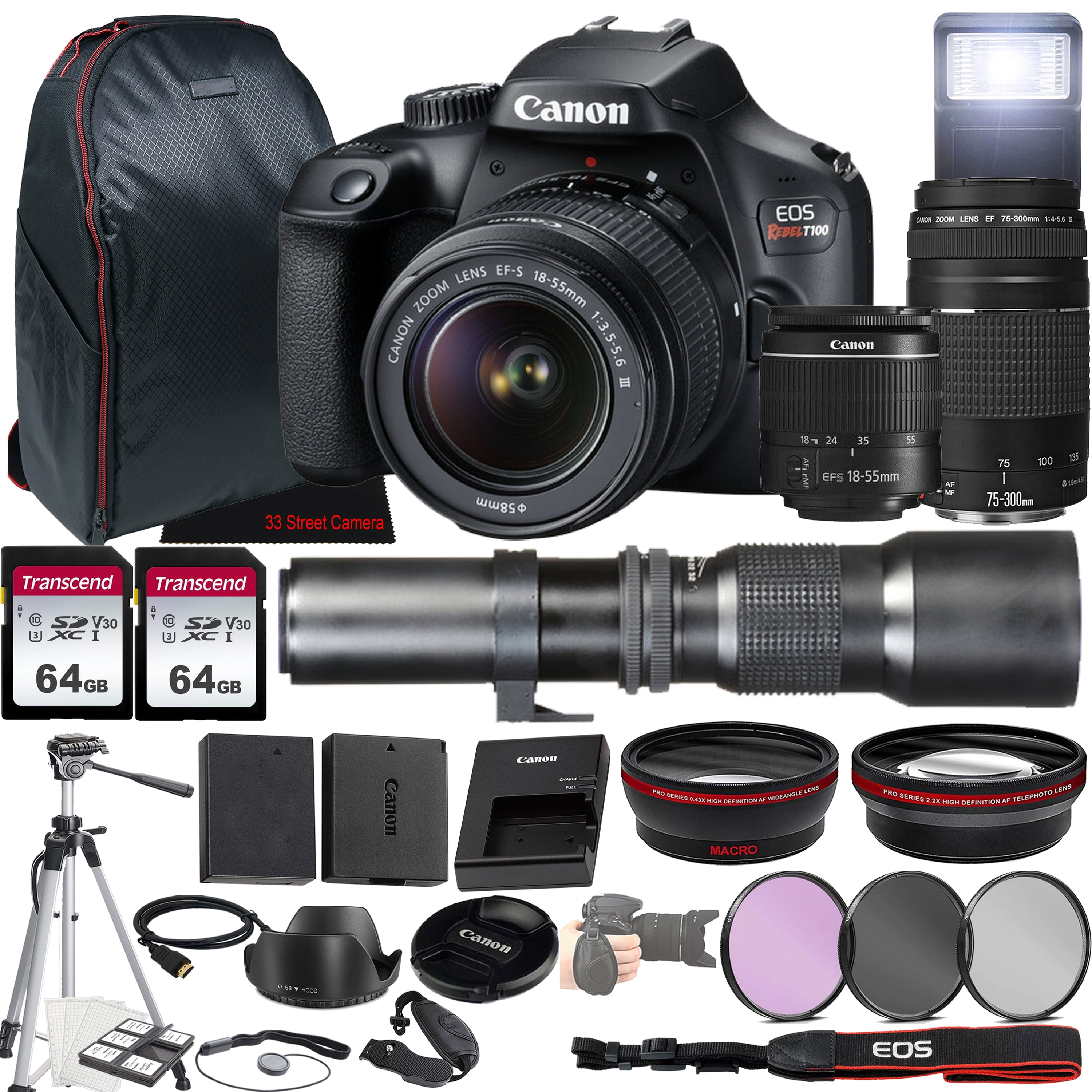 Canon EOS Rebel T100 DSLR Kit w/18-55mm, 75-300mm Lens, 500mm Focus ...