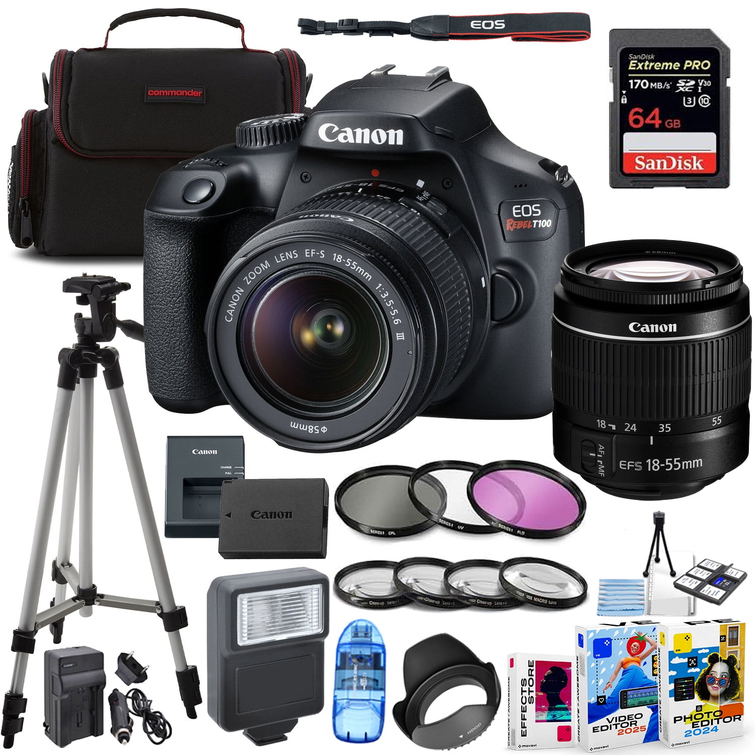 Canon EOS Rebel T100 DSLR Camera with 18-55mm Lens Bundle + 64GB ...