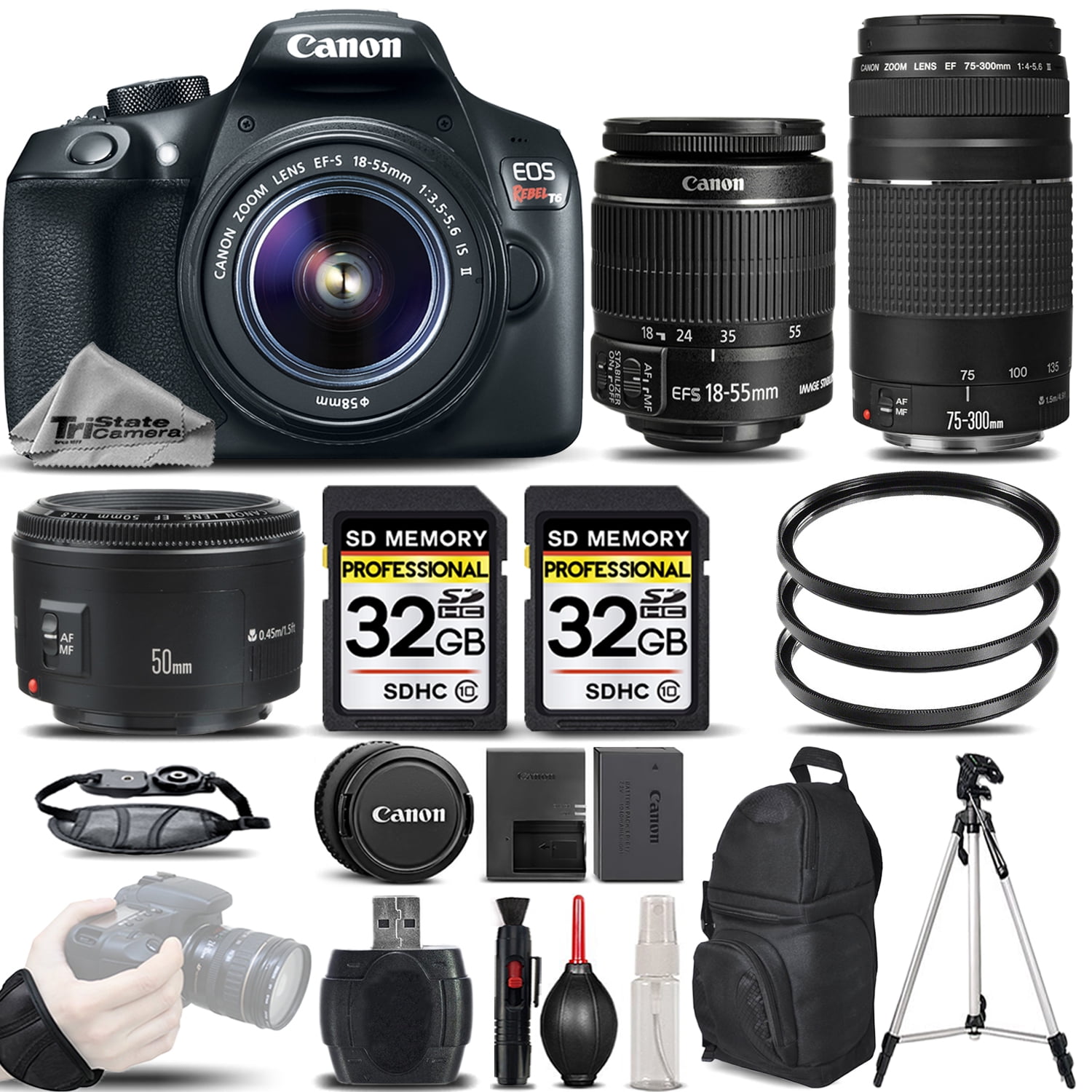 Canon EOS Rebel T6 DSLR Camera + Canon 18-55mm IS II Lens + Canon EF 75-300mm III Telephoto Lens ...